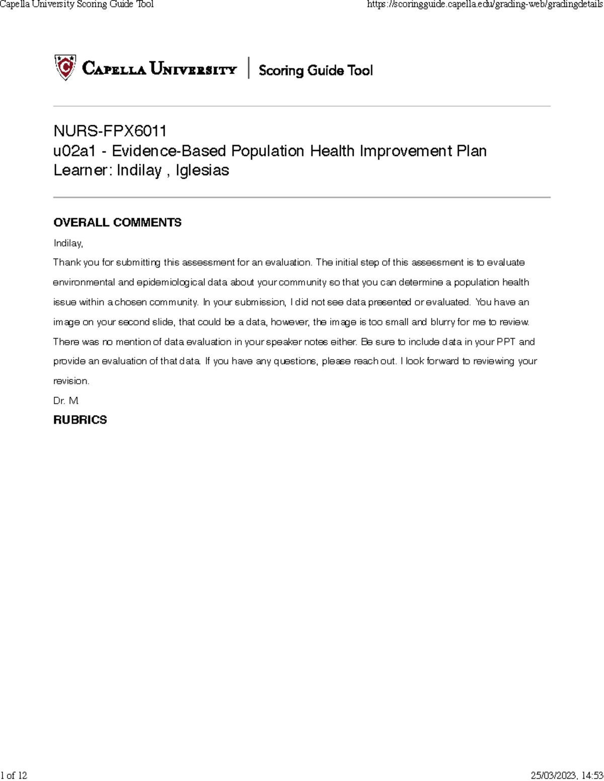 Im Capella University Scoring Guide Tool - NURS-FPX u02a1 - Evidence ...