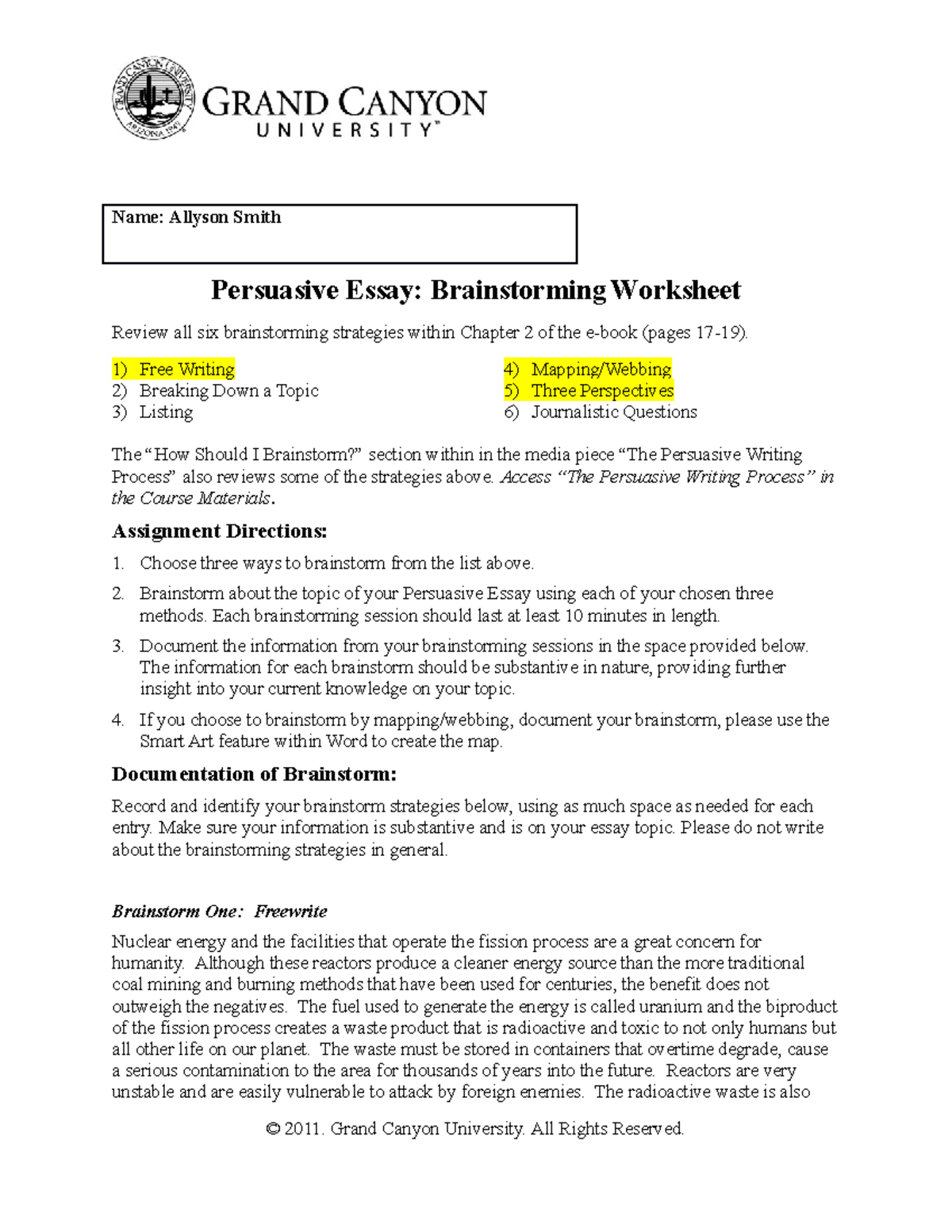 Persusaive Essay Brainstorm Worksheet Completed - Name: Allyson Smith ...