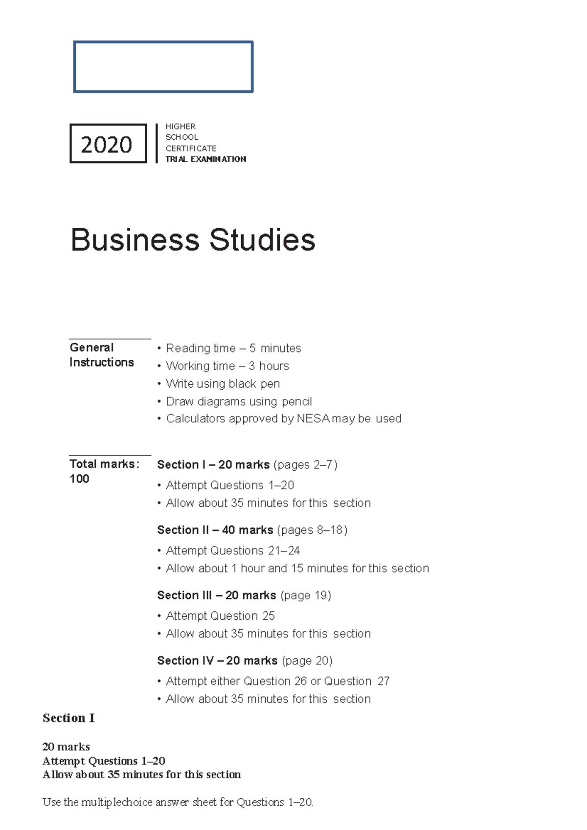 2020 Business Studies Trial HSC - Examination - HIGHER SCHOOL ...