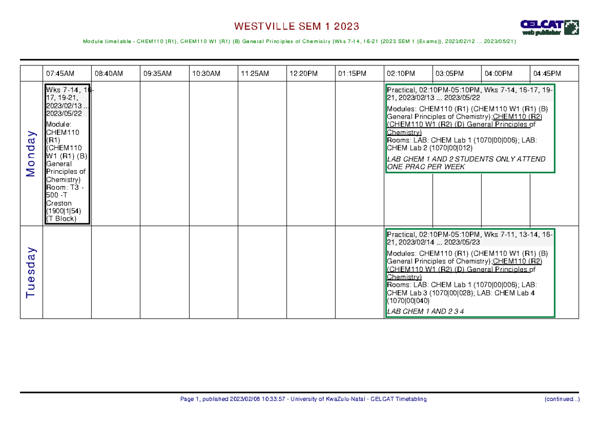 Chem 110 - First semester notes - WESTVILLE SEM 1 2023 Module timetable ...