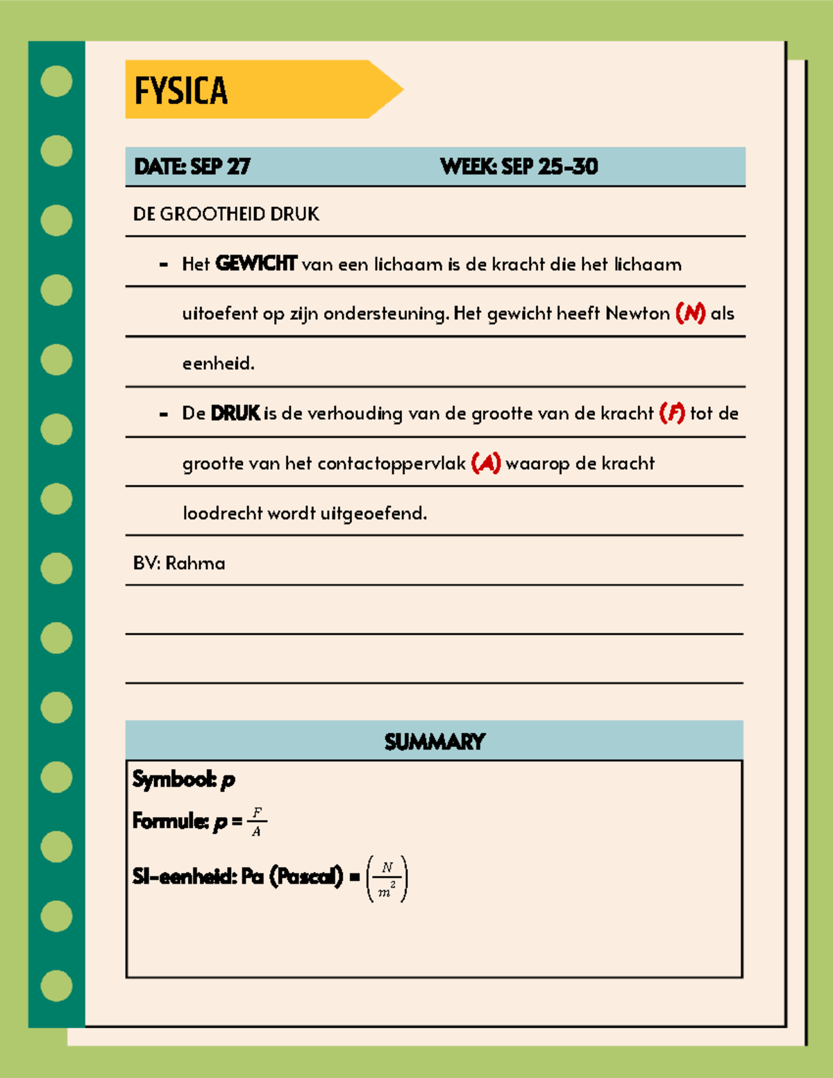 Druk op vaste stoffen - FYSICA DATE: SEP 27 WEEK: SEP 25- DE GROOTHEID ...
