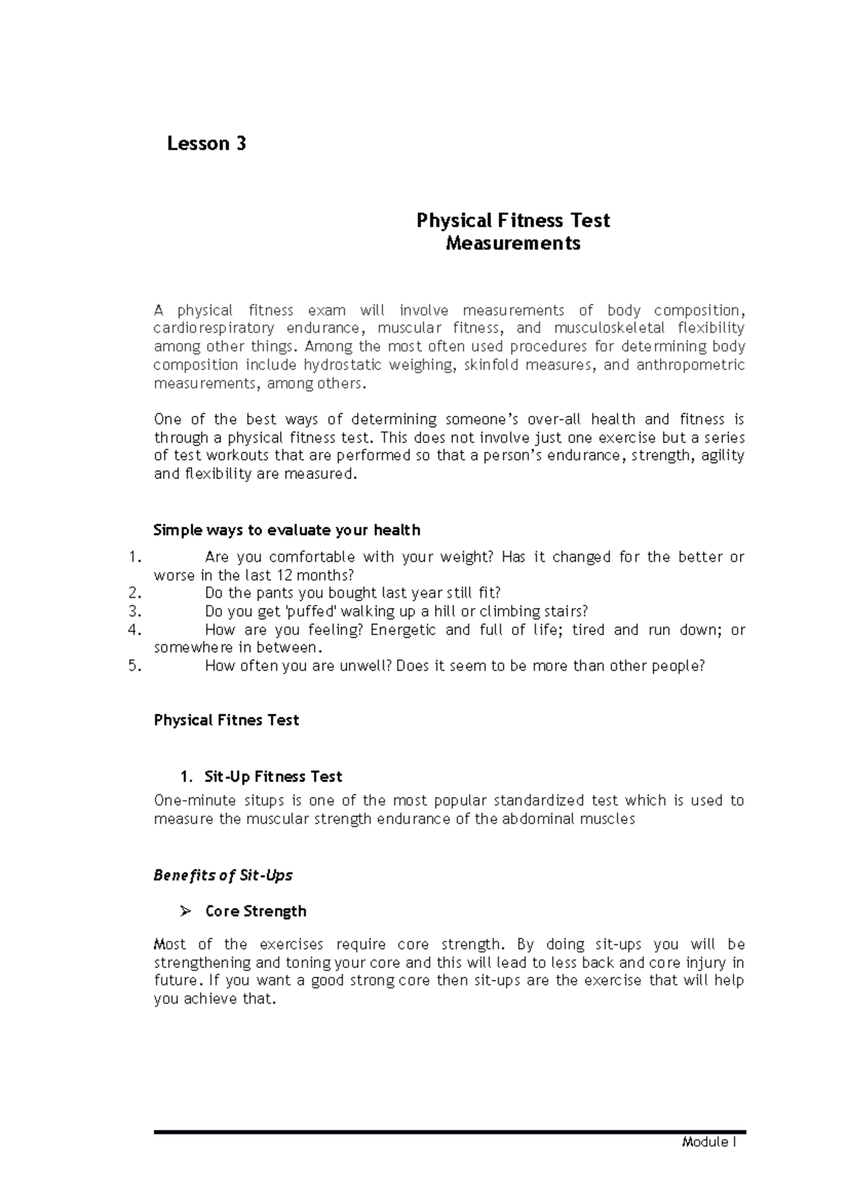 Pathfit Module Lesson 3 - h Lesson 3 A physical fitness exam will ...
