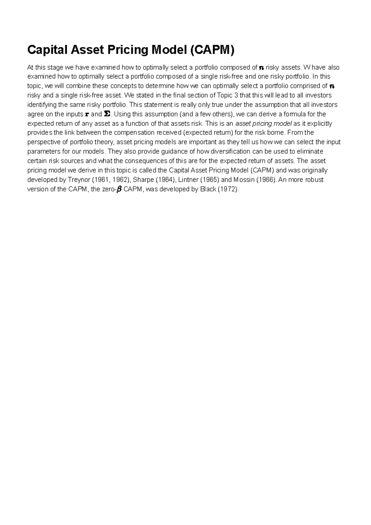 FINC3017 Topic 4 CAPM - Capital Asset Pricing Model (CAPM) At this ...