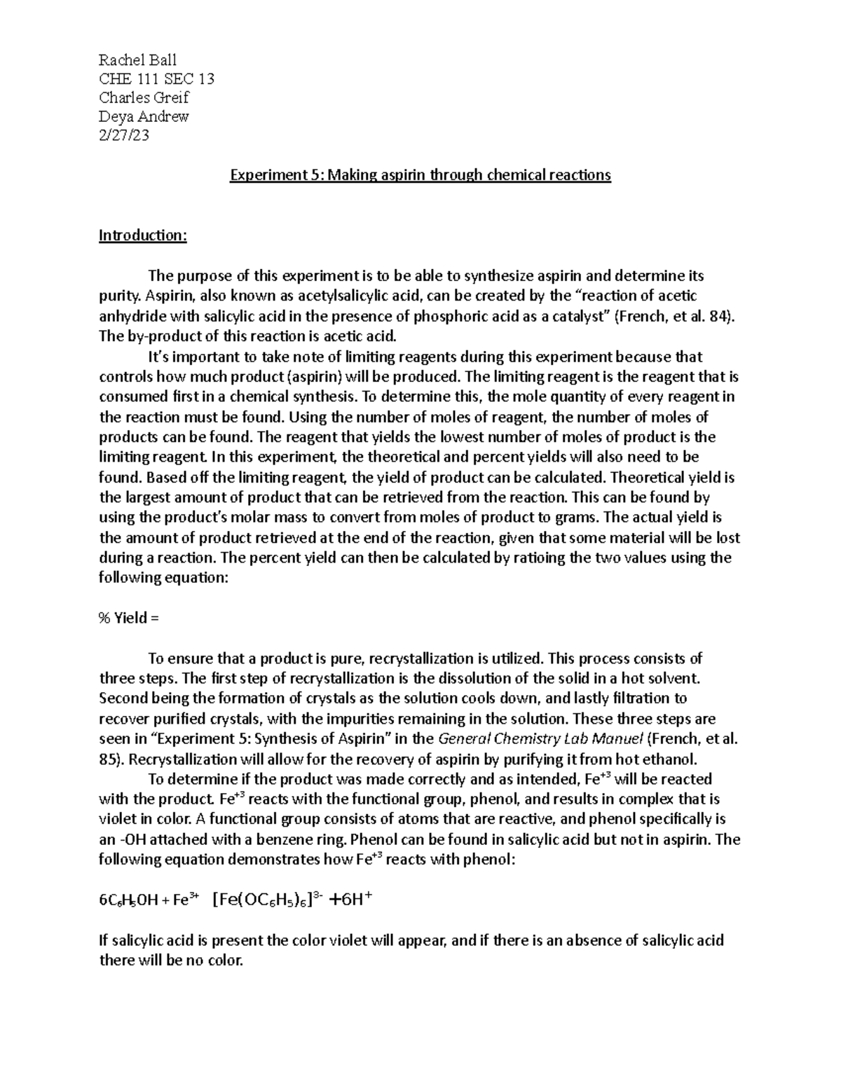 5 Ball Rachel - CHE 111 - Rachel Ball CHE 111 SEC 13 Charles Greif Deya ...