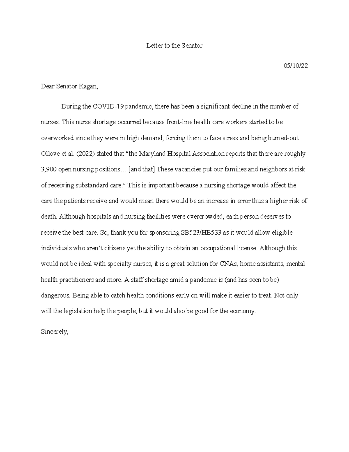 Letter to the Senator - Letter to the Senator 05/10/ Dear Senator Kagan ...