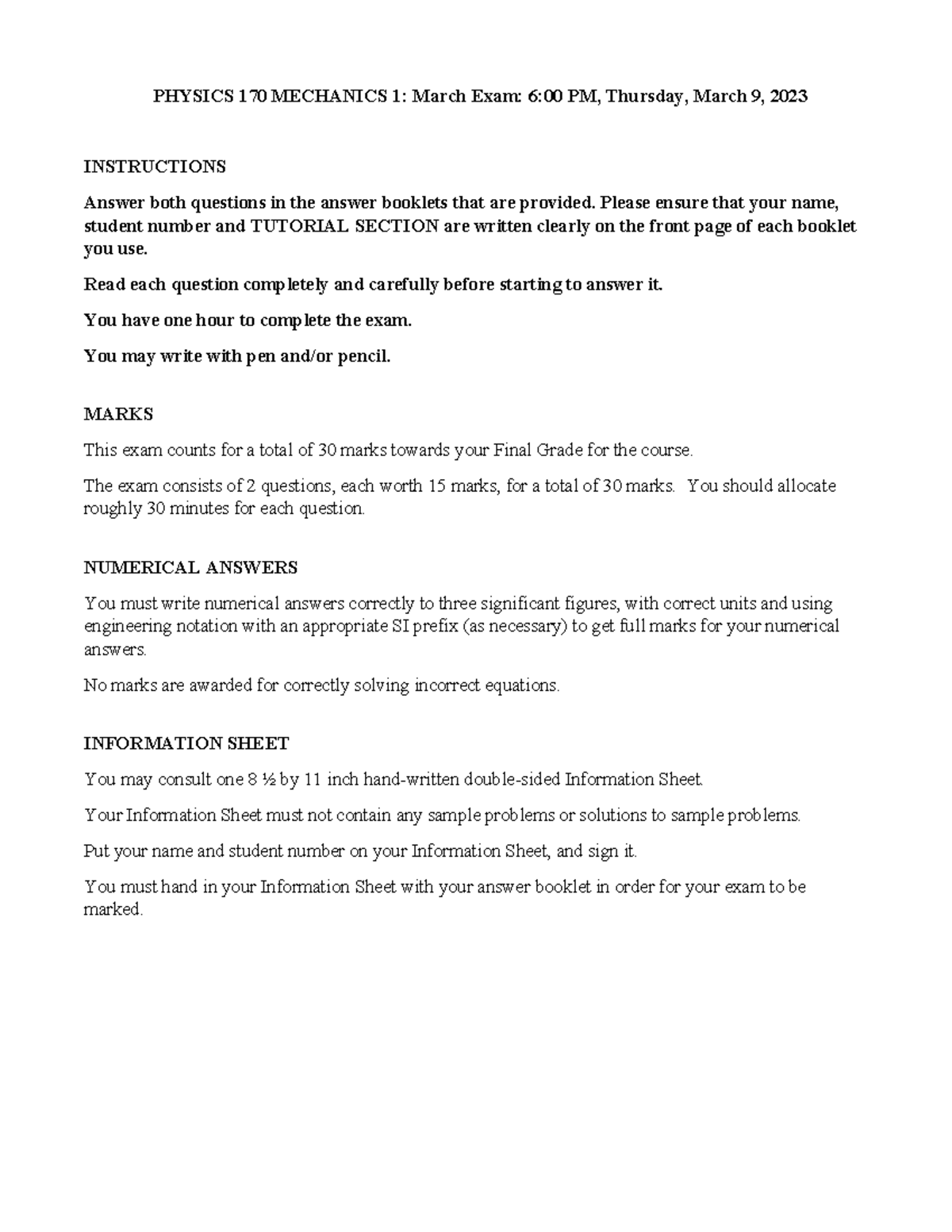 2023 p170 march exam - Practice exam for PHYS 170 - PHYSICS 170 ...