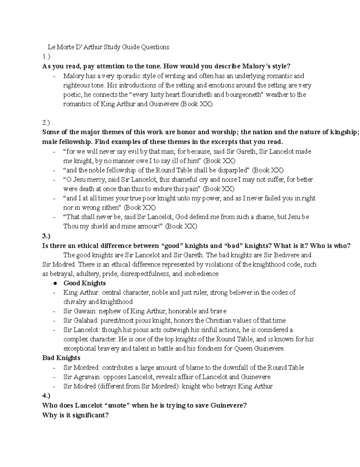 Le Morte D'Arthur Study Guide Questions - ) As you read, pay attention ...