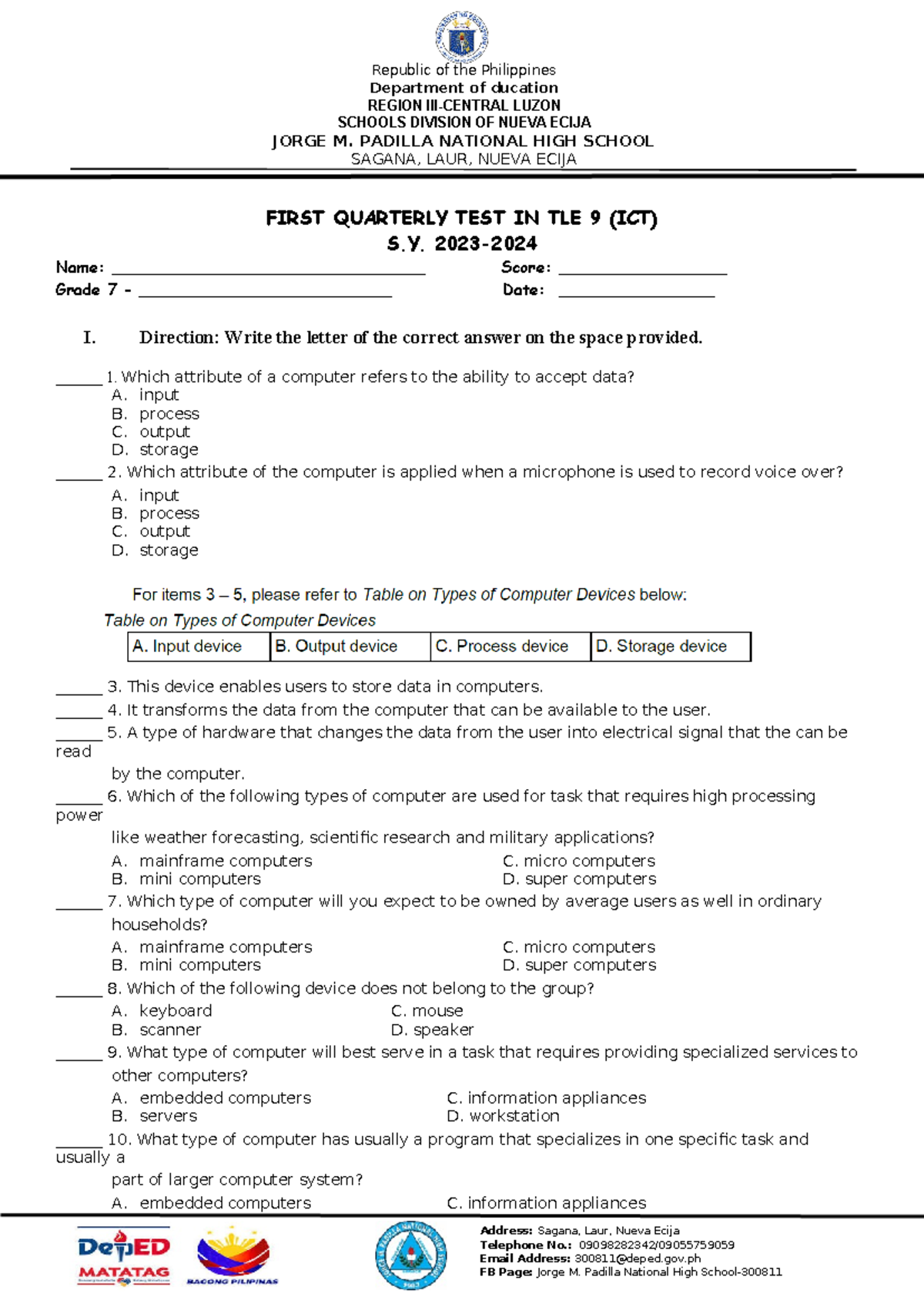 summative examination - Department of ducation REGION III-CENTRAL LUZON ...