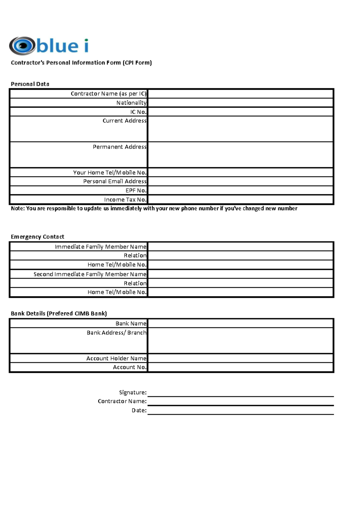 CPI Form - i dont know - Contractor's Personal Information Form (CPI ...