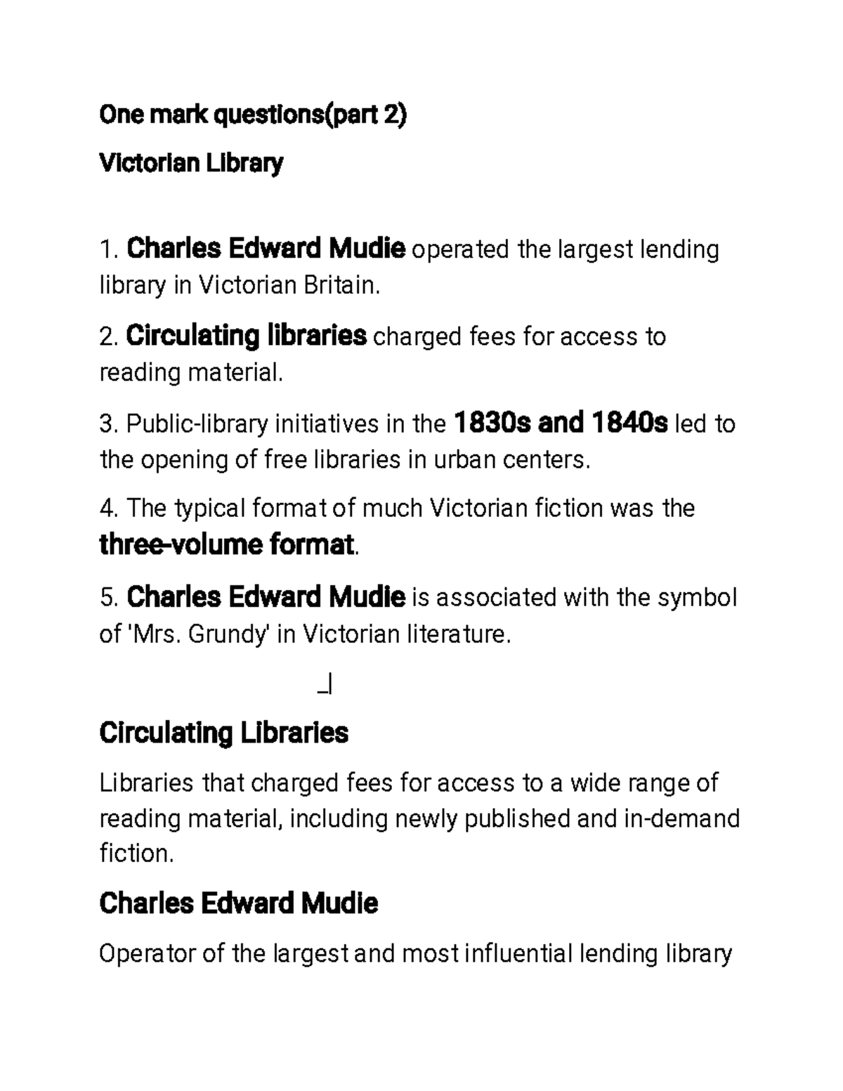 Victorian Library one mark questions - One mark questions(part 2 ...