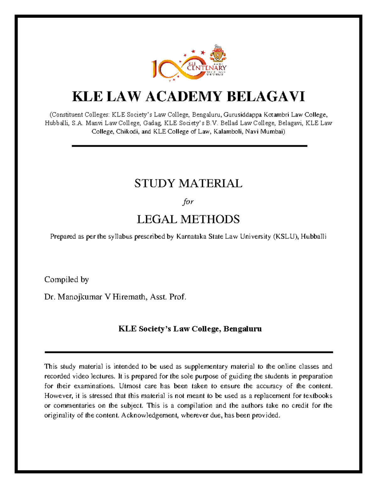 Legal Methods notes - KLE LAW ACADEMY BELAGAVI (Constituent Colleges ...
