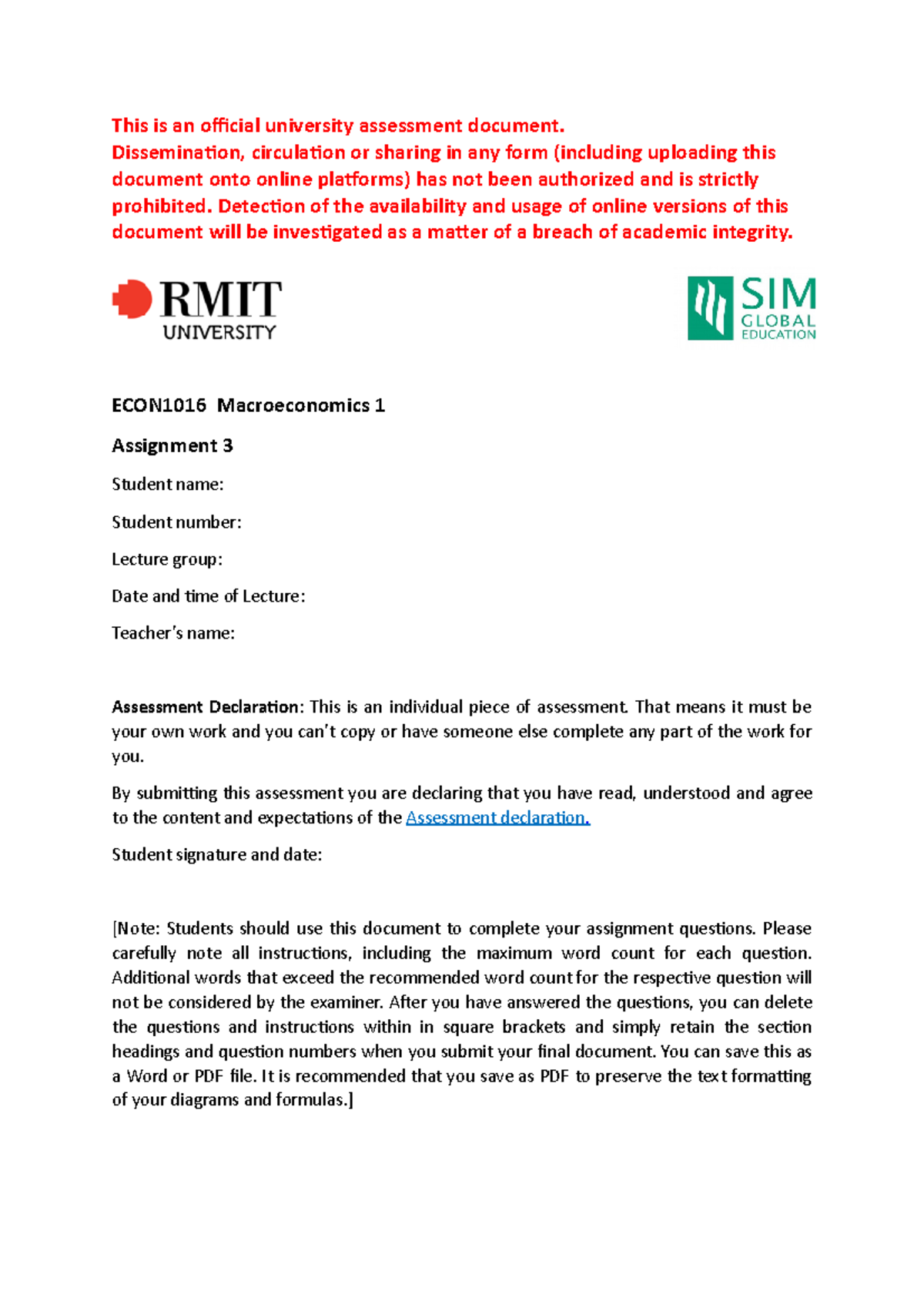 SIM+Macro+Assignment+3 - Dissemination, circulation or sharing in any ...