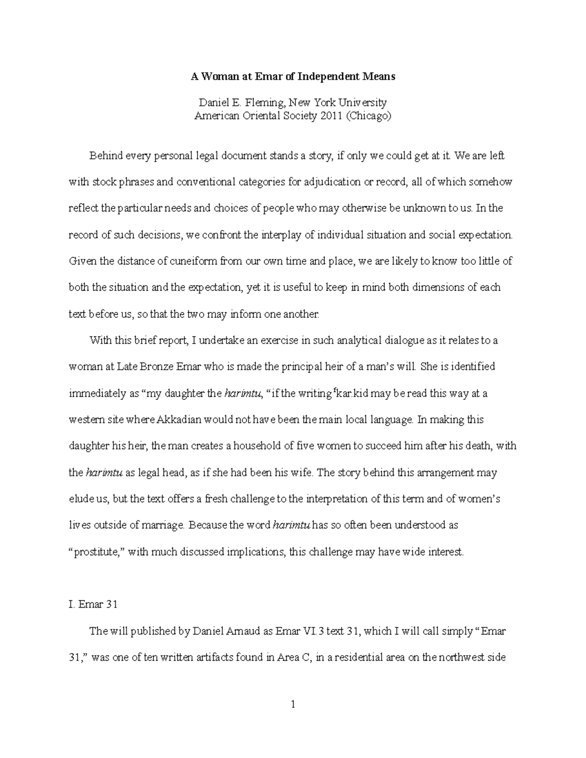 AOS 2011 Emar 31 harimtu - A Woman at Emar of Independent Means Daniel ...