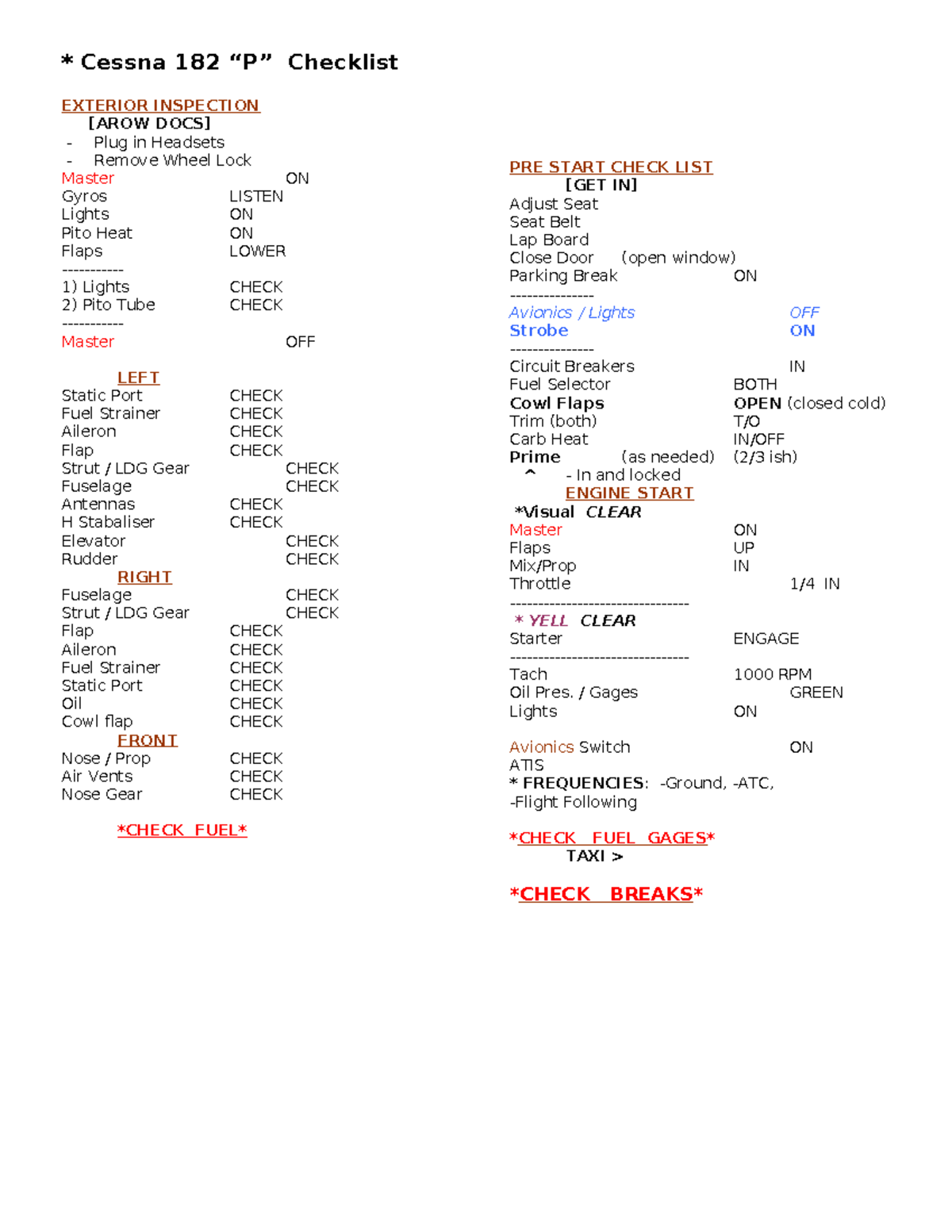 Chris leary cessna 182p checklist - * Cessna 182 “P” Checklist EXTERIOR ...