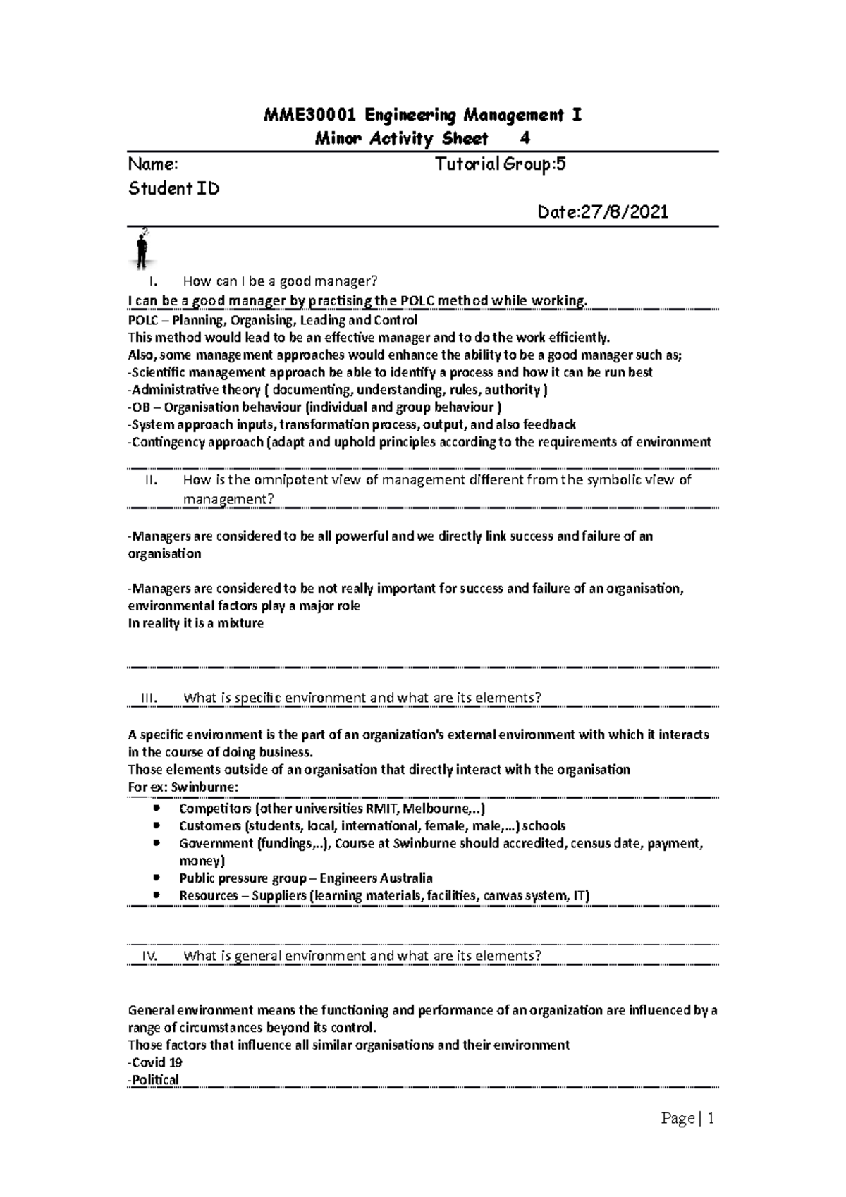 MInor Activity 4 - Good - MME30001 Engineering Management I Minor ...