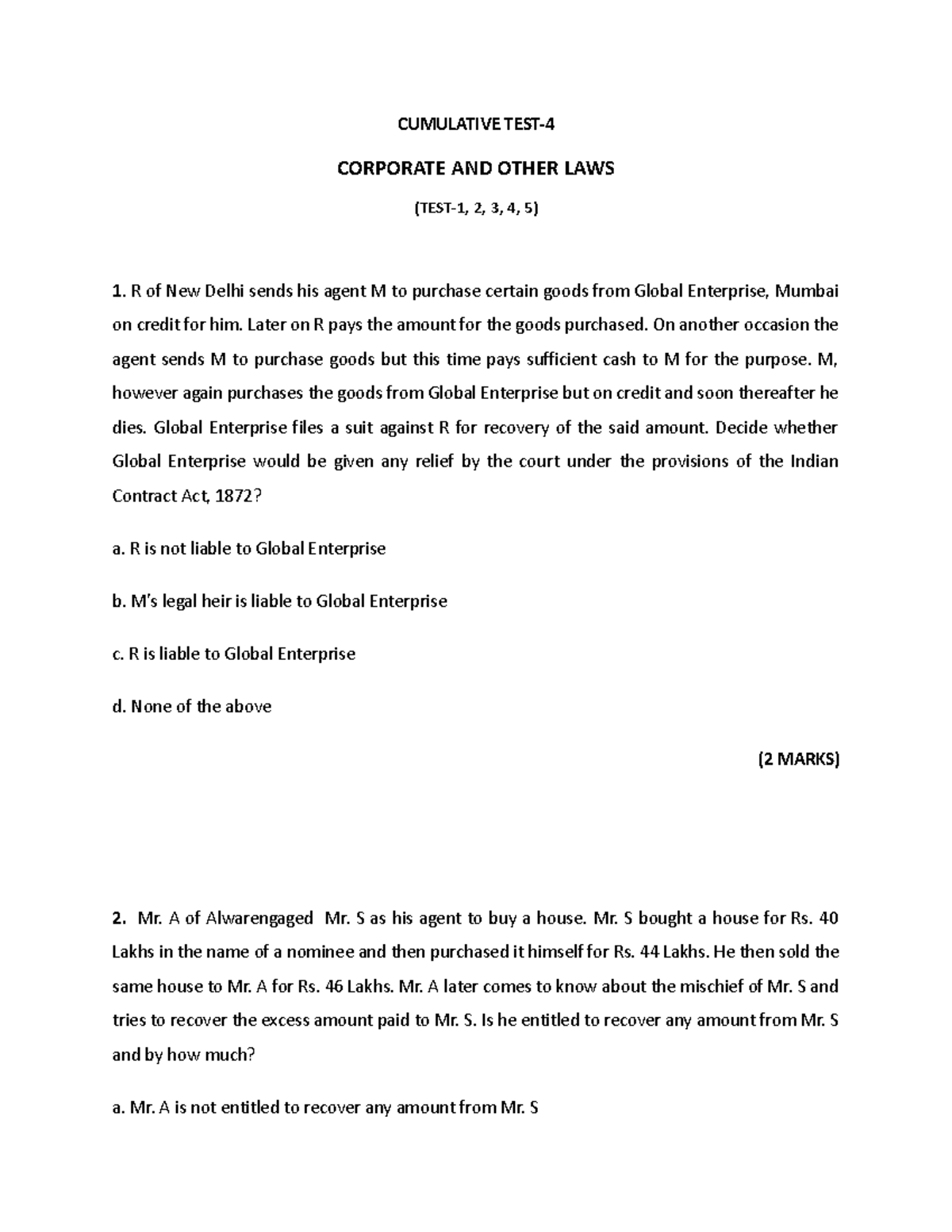 Cumulative TEST-4 - Companies act - CUMULATIVE TEST- CORPORATE AND ...