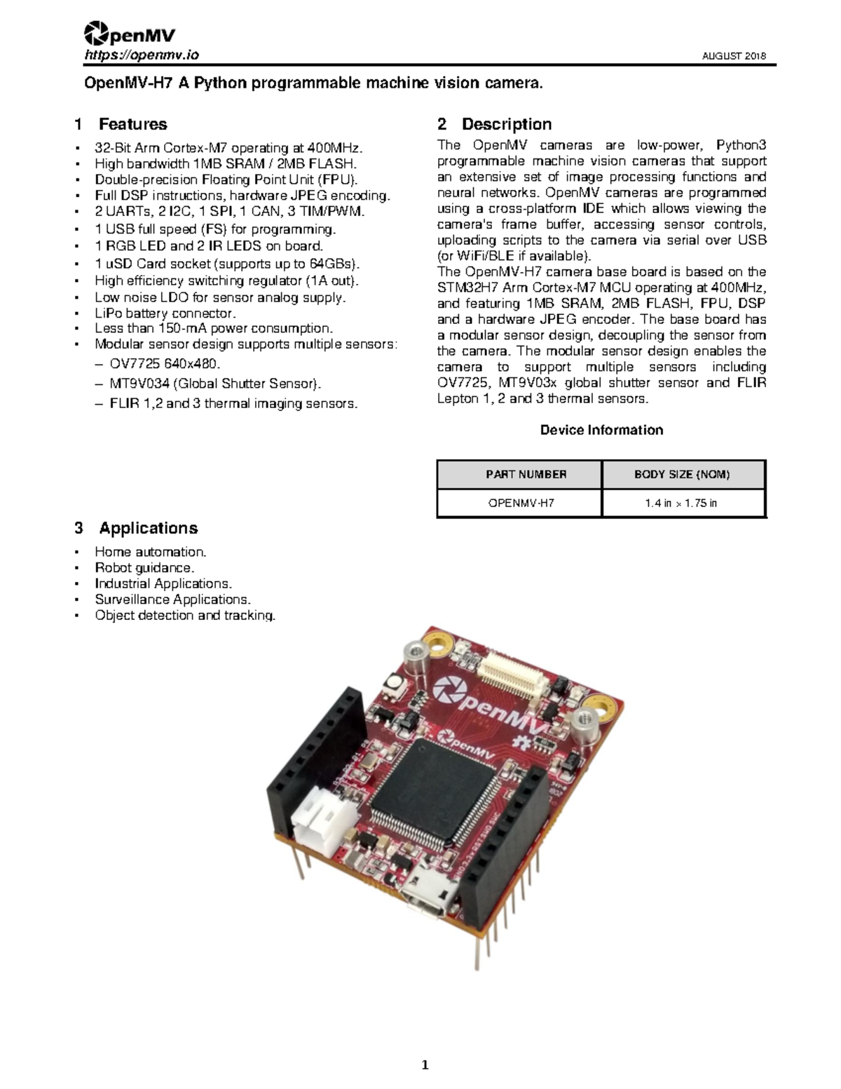 Open MV-H7 Datasheet - OpenMV-H7 A Python programmable machine vision camera. 1 Features 32-Bit ...