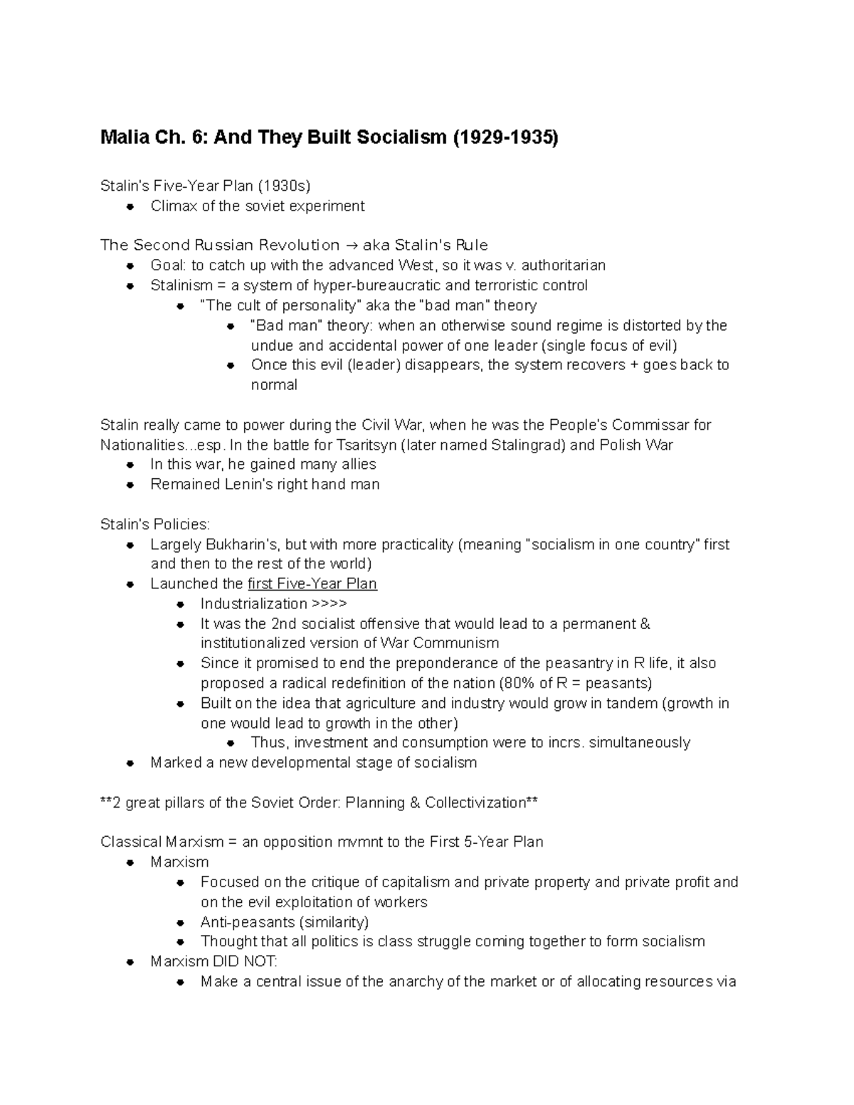 POL 331 Malia Ch. 6 Notes - Malia Ch. 6: And They Built Socialism (1929 ...