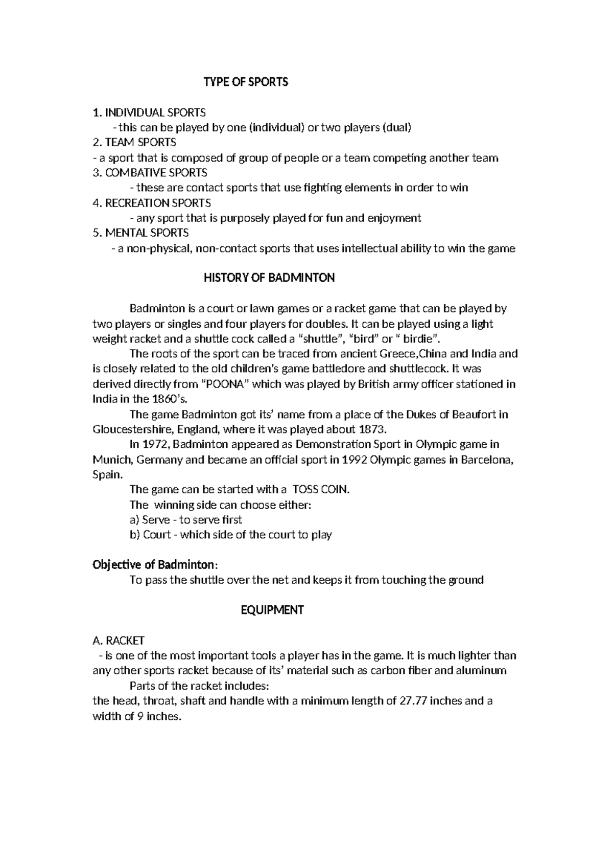 history of badminton - TYPE OF SPORTS 1. INDIVIDUAL SPORTS this can be ...