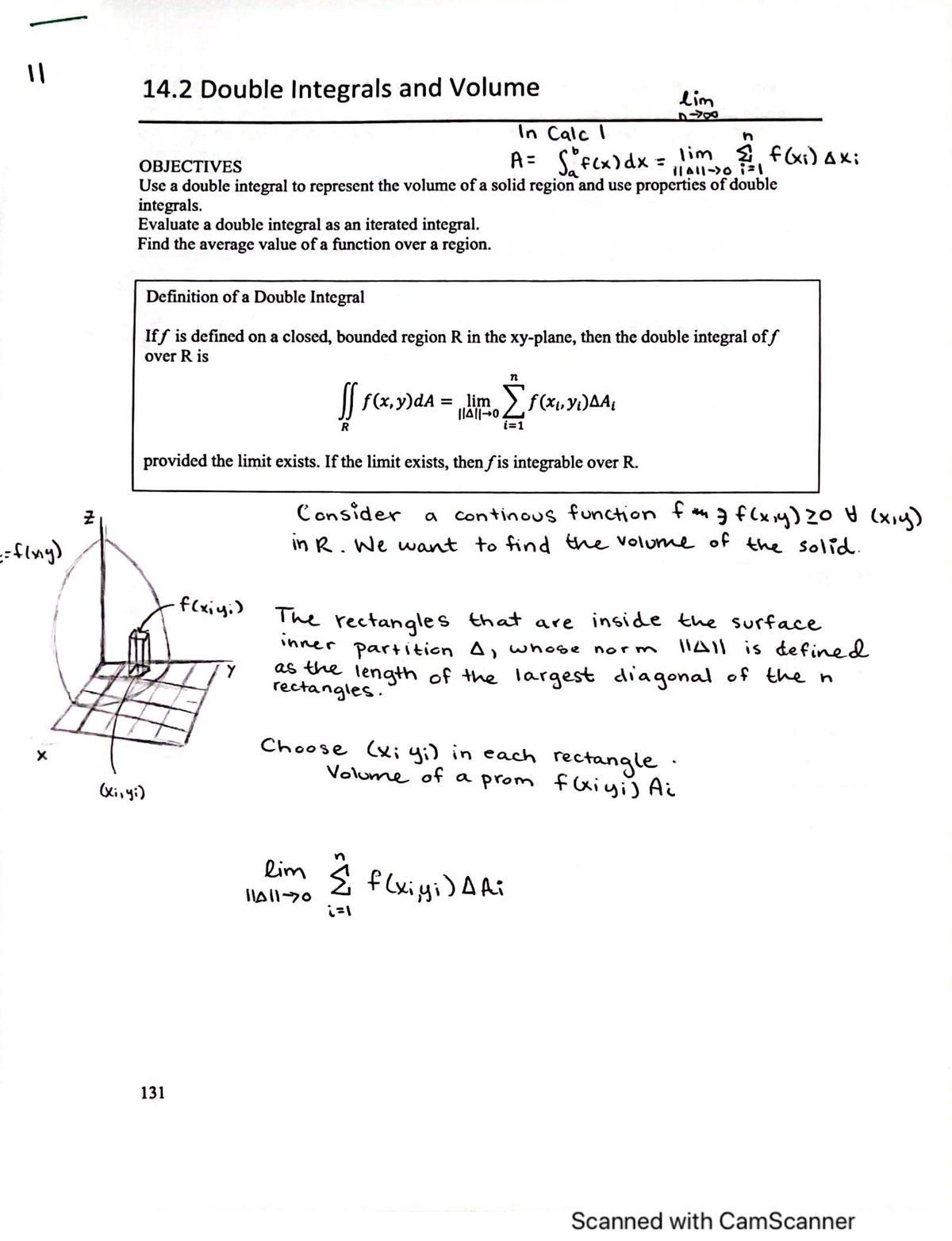 Calculus 3 14.2 notes - 11 14 Double Integrals and Volume lim In Calc I ...