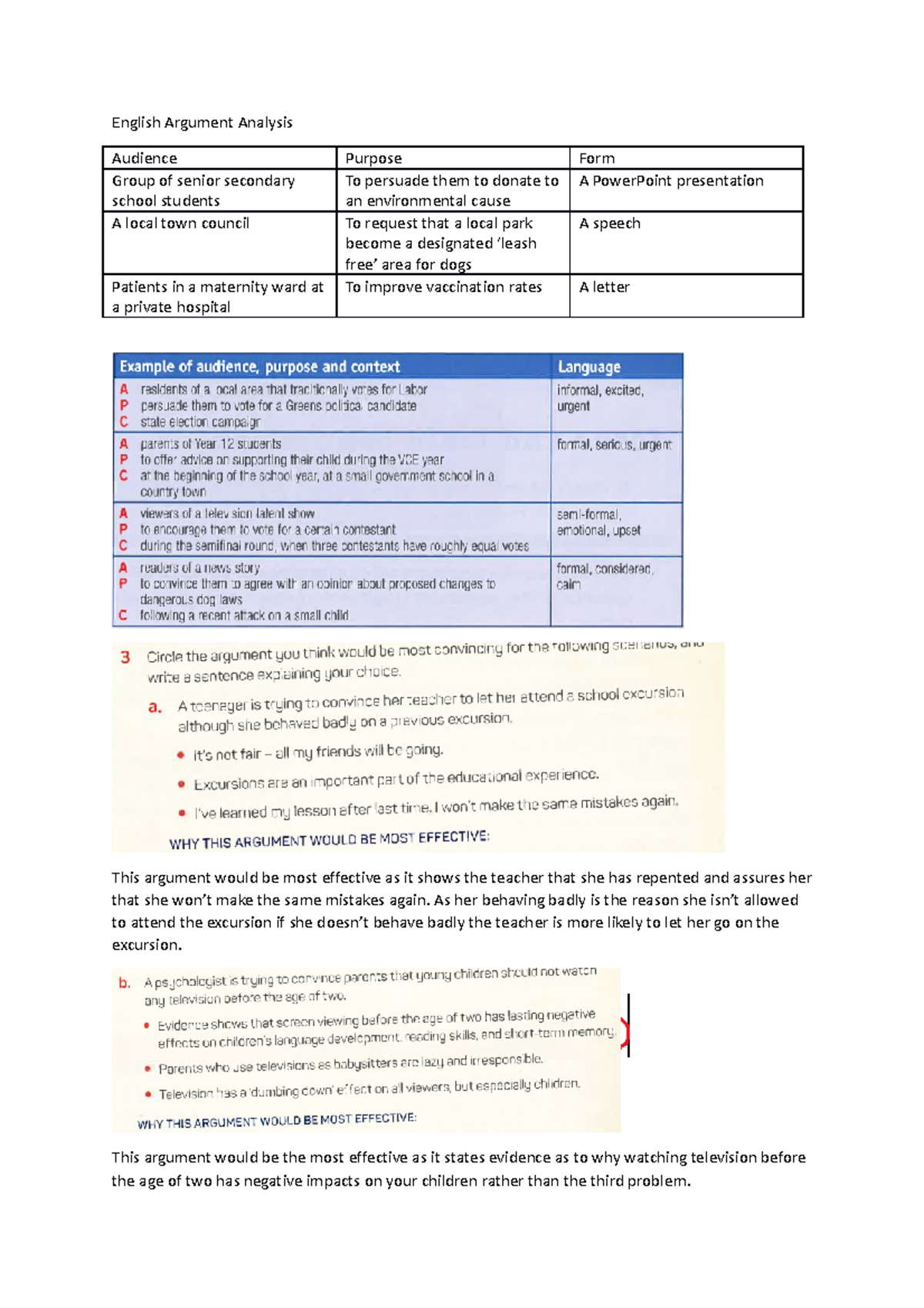 English Argument Analysis - English Argument Analysis Audience Purpose ...