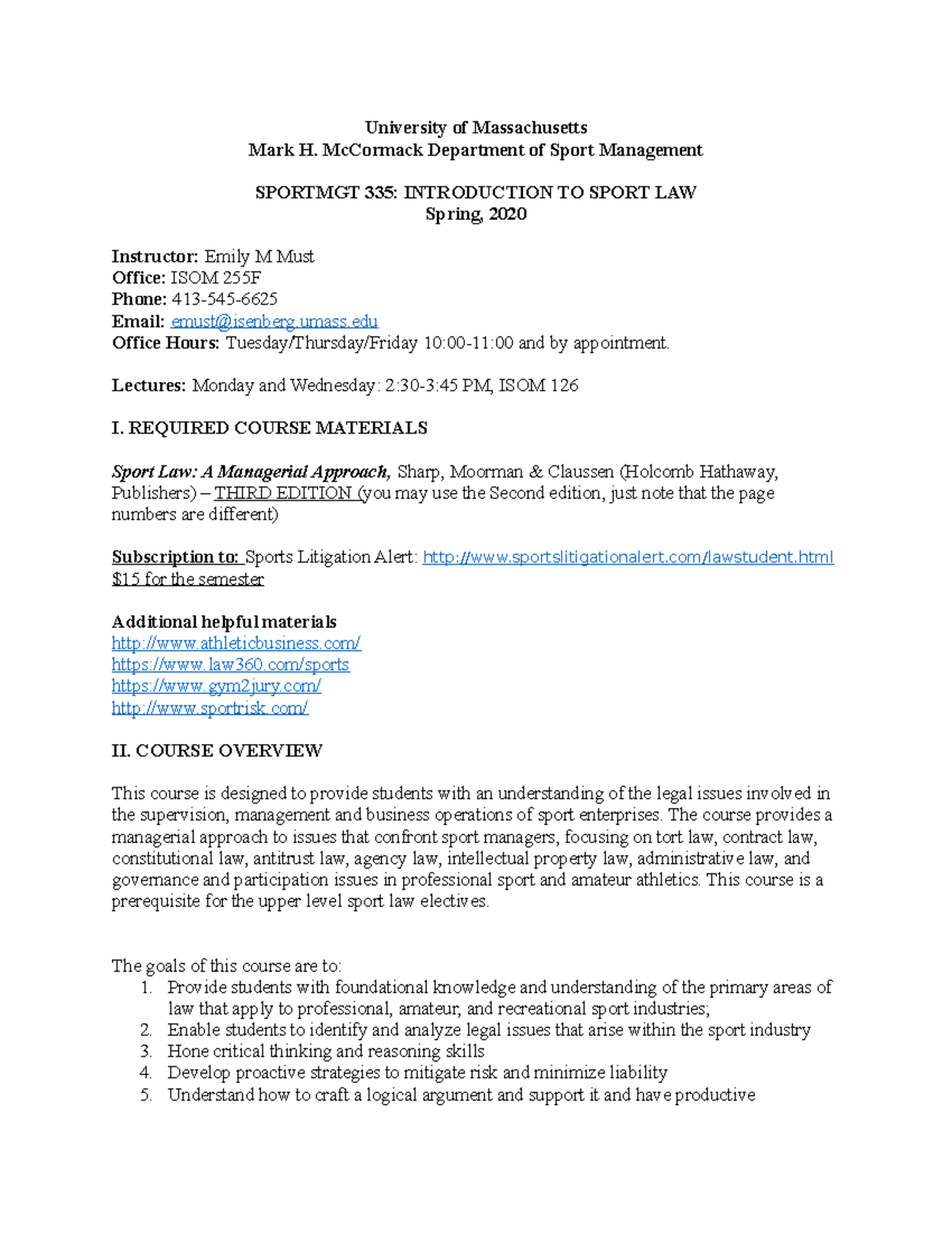 Sportmgt 335- Sport Law Syllabus Spring 2020 MUST - University of ...