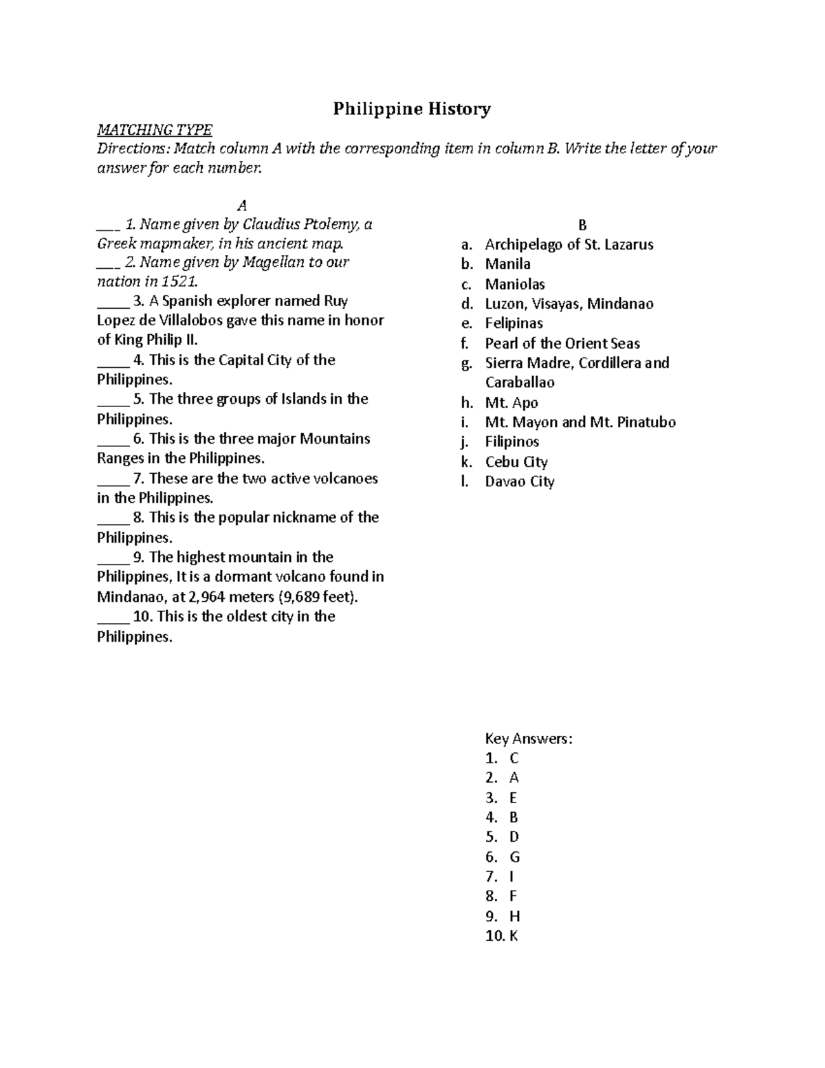 Matching Type Educ7 - Philippine History MATCHING TYPE Directions ...