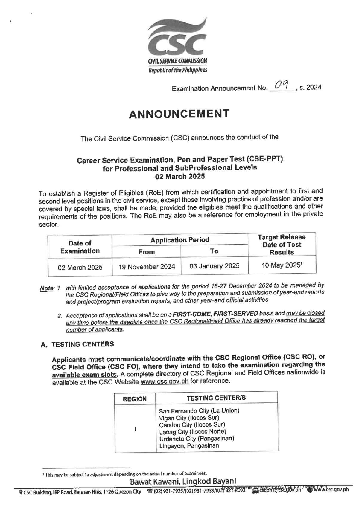 Exam Announcement 09s2024 Conduct of 2025-0302 CSE-PPT - CSC CIVIL ...