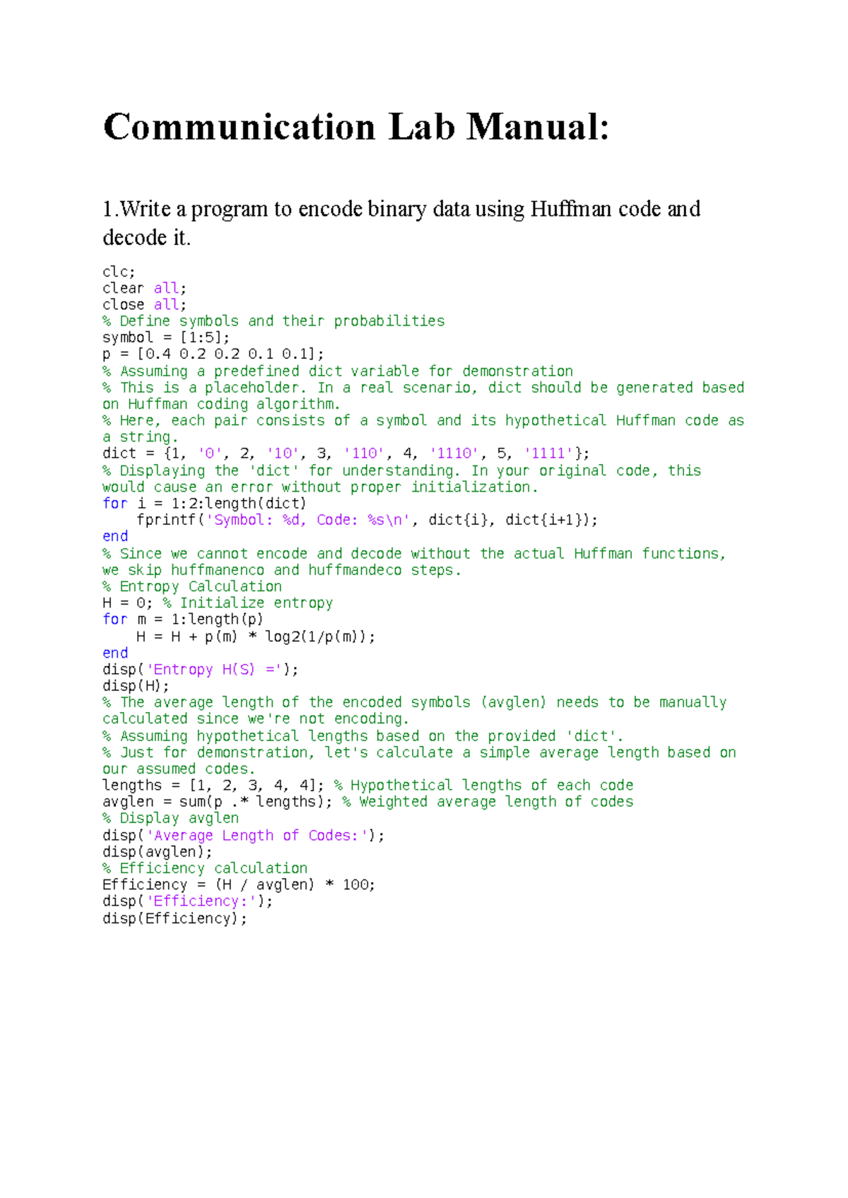 Communication Lab Manual - clc; clear all; close all; % Define symbols and their probabilities ...