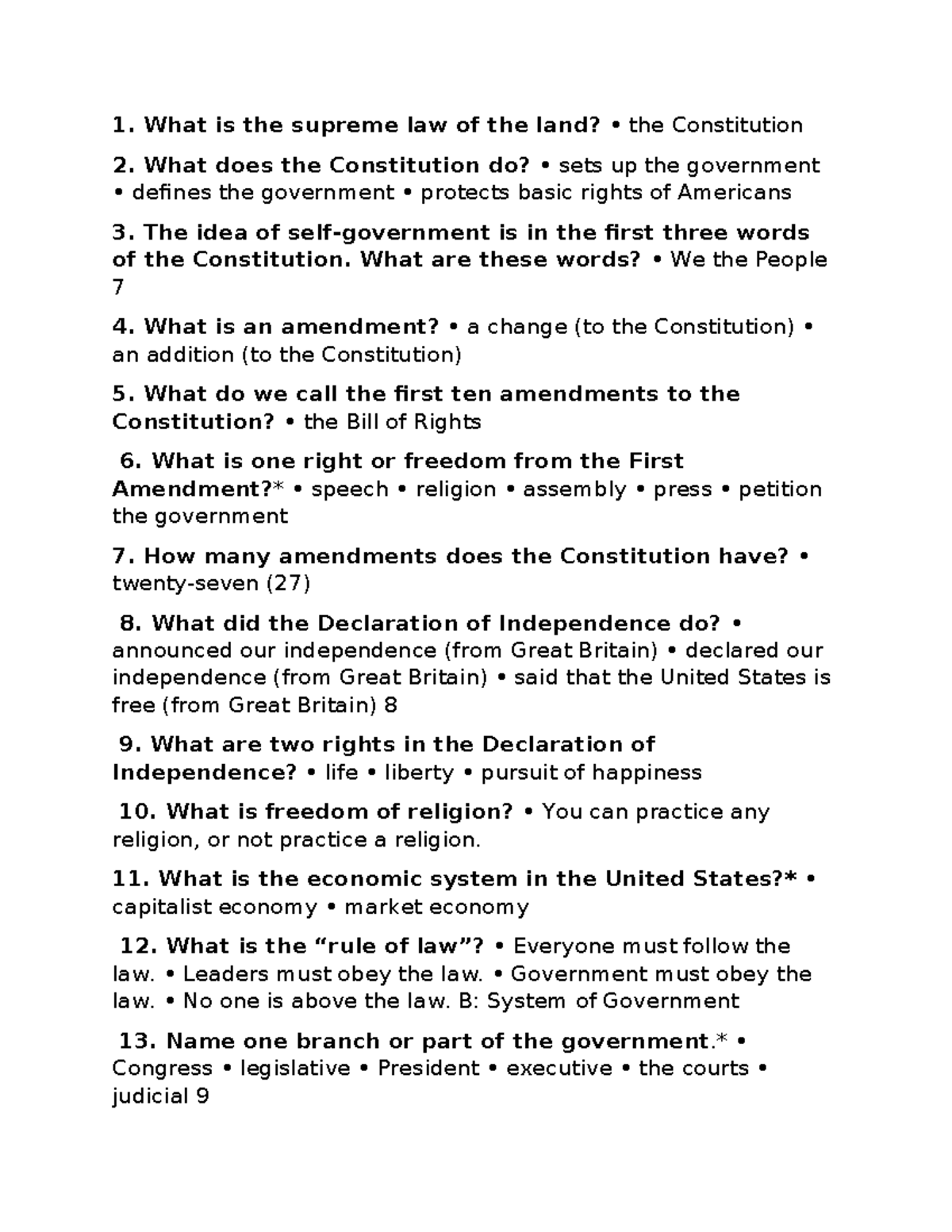 100 Questions - What is the supreme law of the land? • the Constitution ...