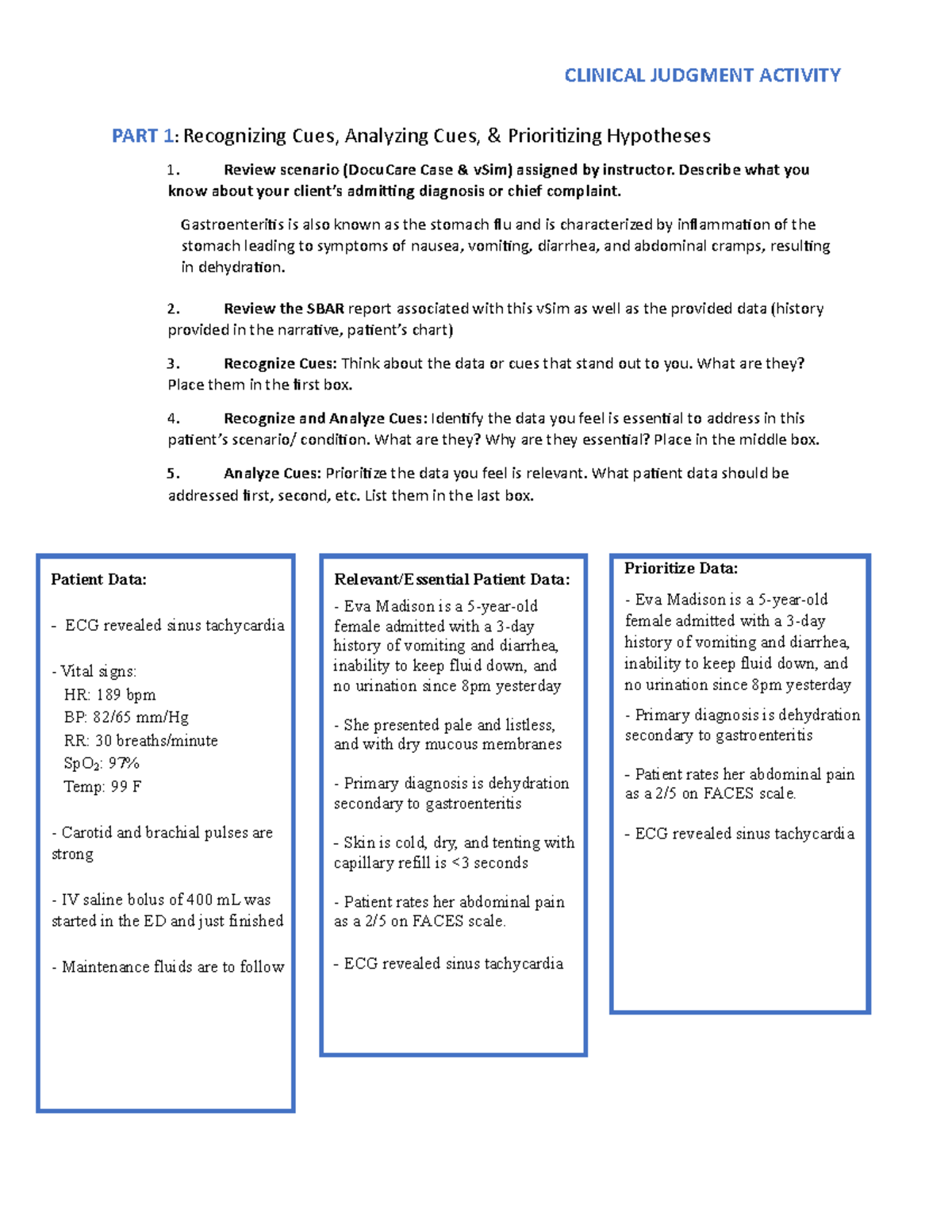 EM pre-sim worksheet - CLINICAL JUDGMENT ACTIVITY PART 1: Recognizing ...