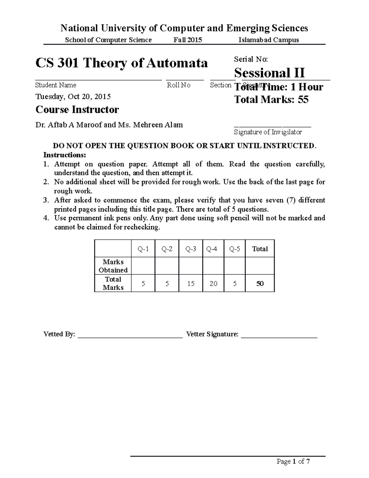 Exam 2015 - School of Computer Science Fall 2015 Islamabad Campus