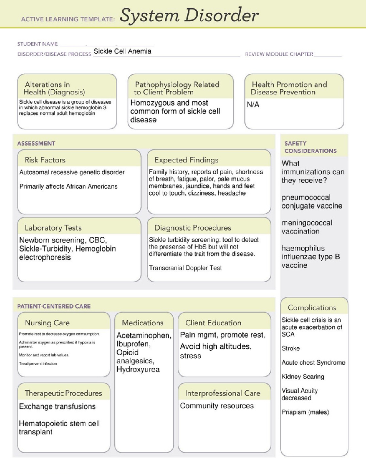 Ati system disorder - sickle cell - ACTIVE LEARNING TEMPLATE: System ...