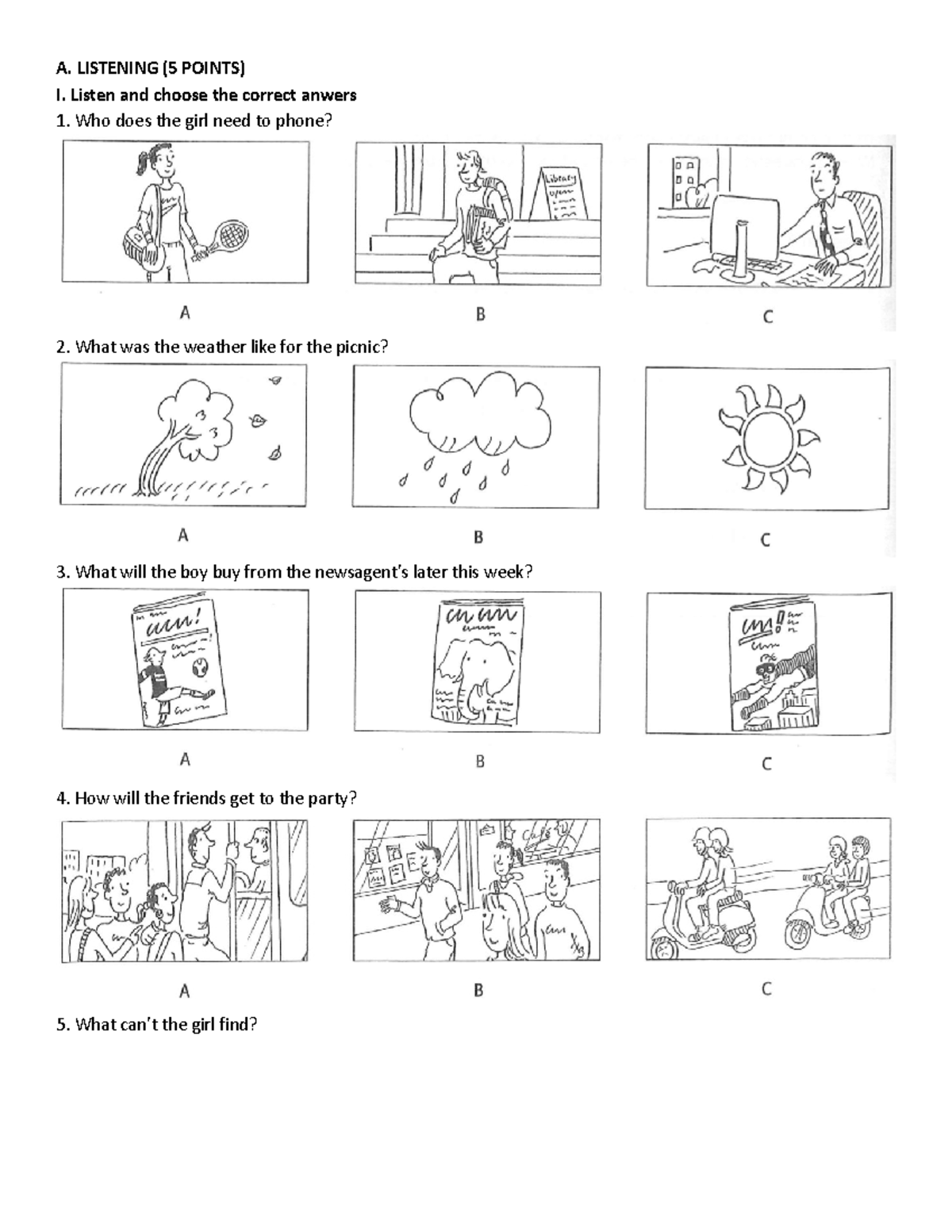 TEST 29 - vfvdfvdf - A. LISTENING (5 POINTS) I. Listen and choose the ...