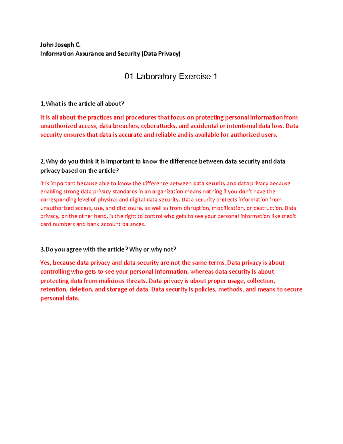 Exercise Lab1 - John Joseph C. Information Assurance and Security (Data Privacy) 01 Laboratory ...
