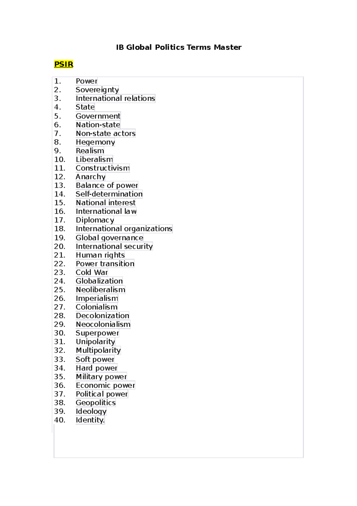 IB Global Politics Terms Master - IB Global Politics Terms Master PSIR ...
