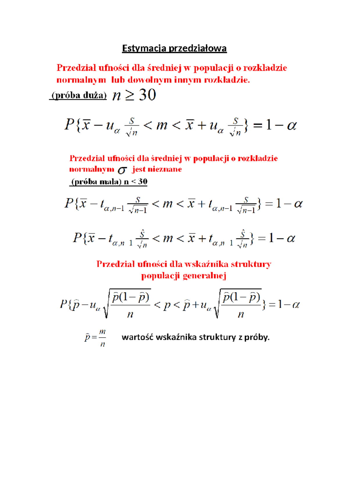 Wzory przedziały - Wnioskowanie statystyczne - Statystyka - metody ...