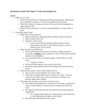 Introduction to Social Work Chapter 1 Lecture and Reading Notes 1 - Studocu