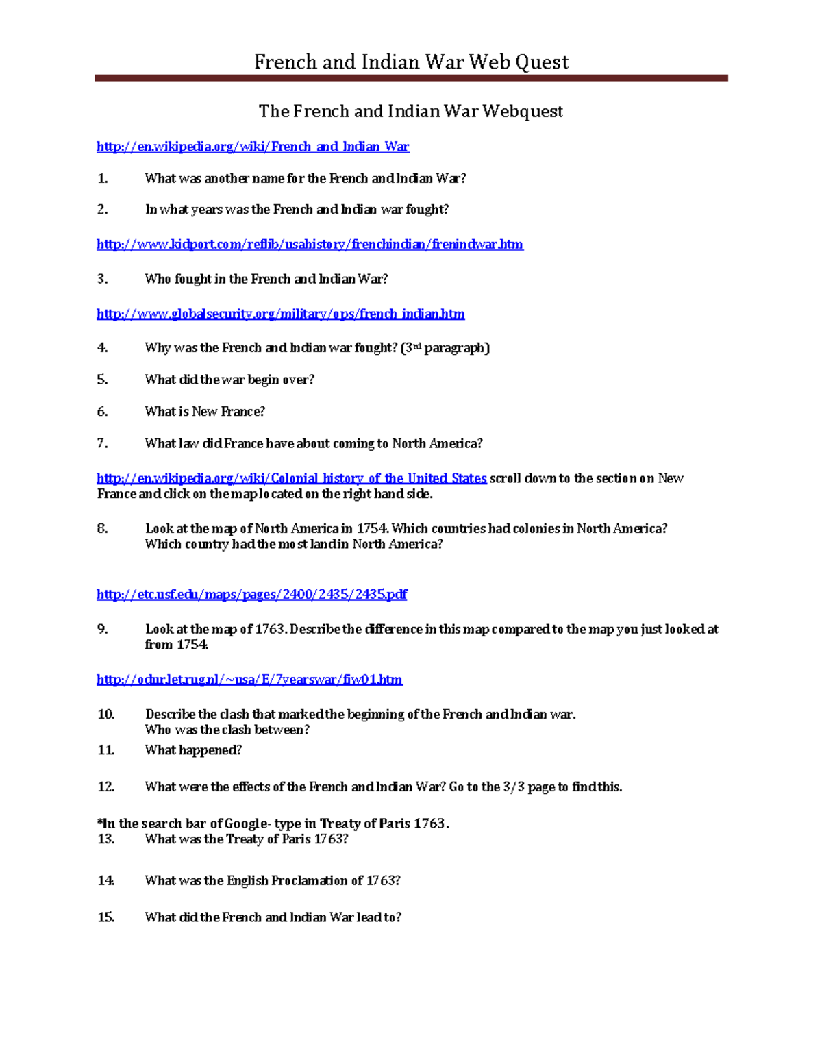 French and indian war webquest - French and Indian War Web Quest The ...