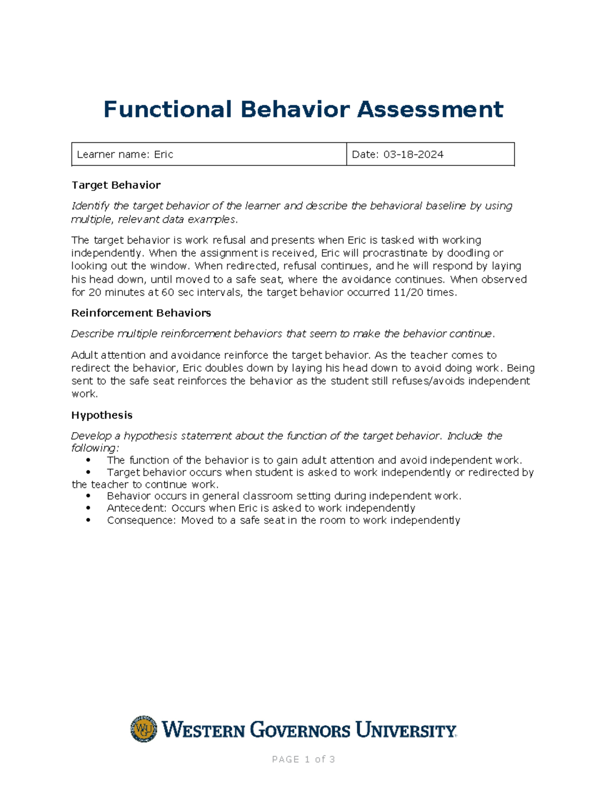 FBA BIP D001 Task 1 - n/a - Functional Behavior Assessment Learner name ...
