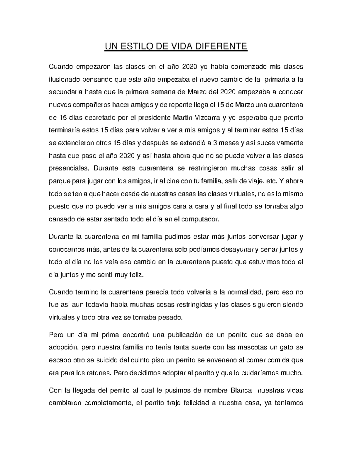 Trabajo Comprensión Lectora cuento - UN ESTILO DE VIDA DIFERENTE Cuando ...