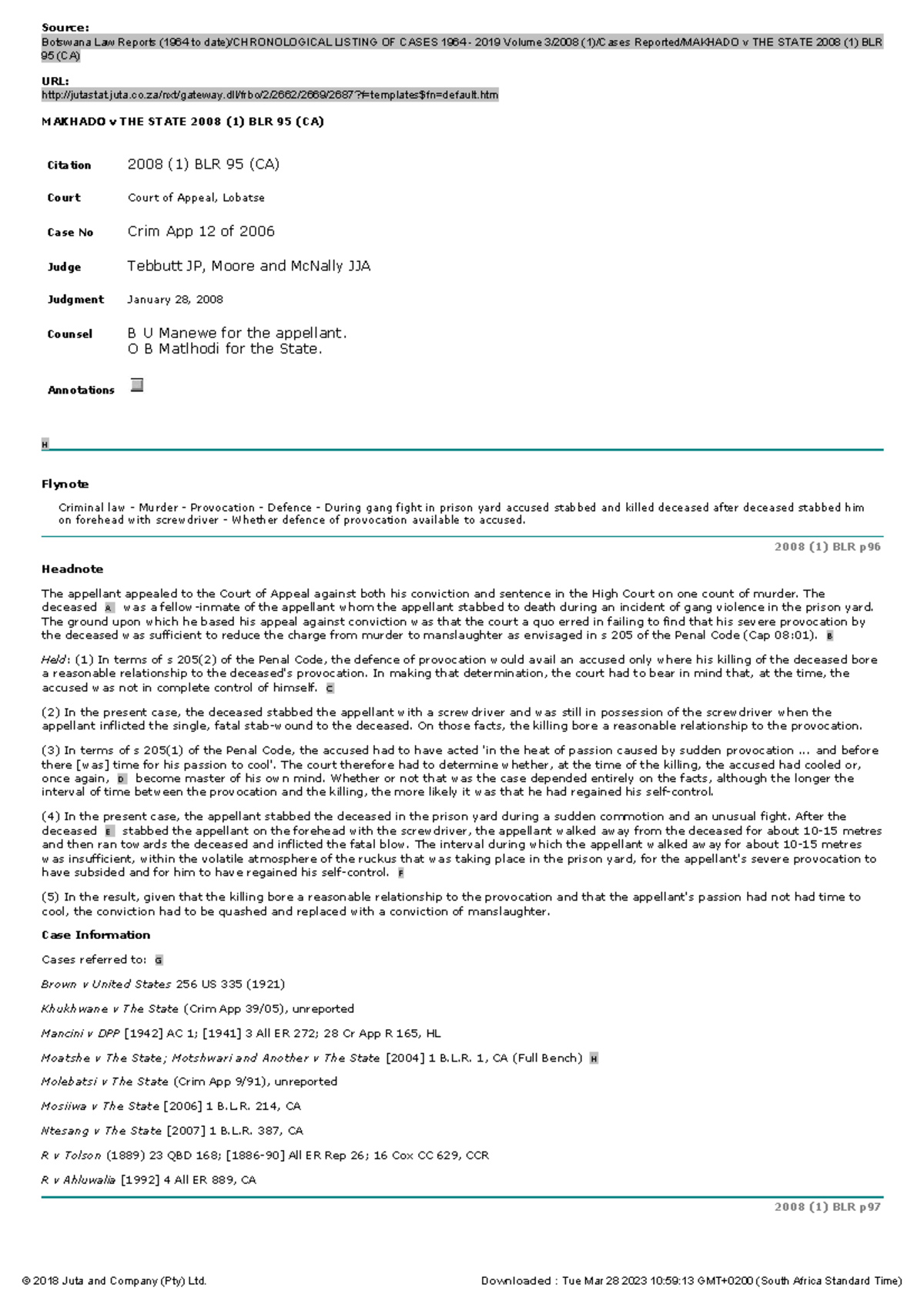 Makhado v THE State 2008 (1) BLR 95 (CA) - Source: Botswana Law Reports ...