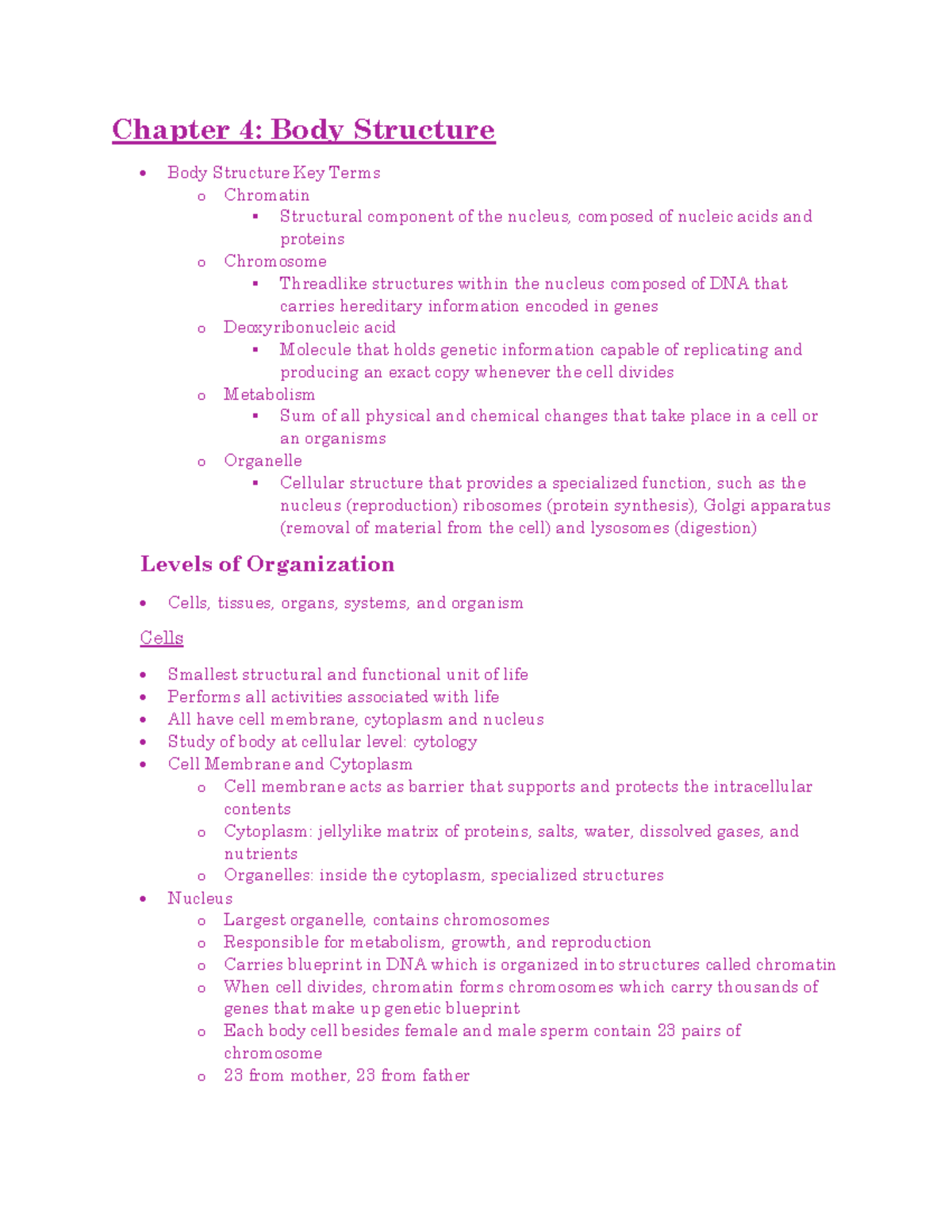 Chapter 4 textbook notes [medterm]-2 - Chapter 4: Body Structure Body ...