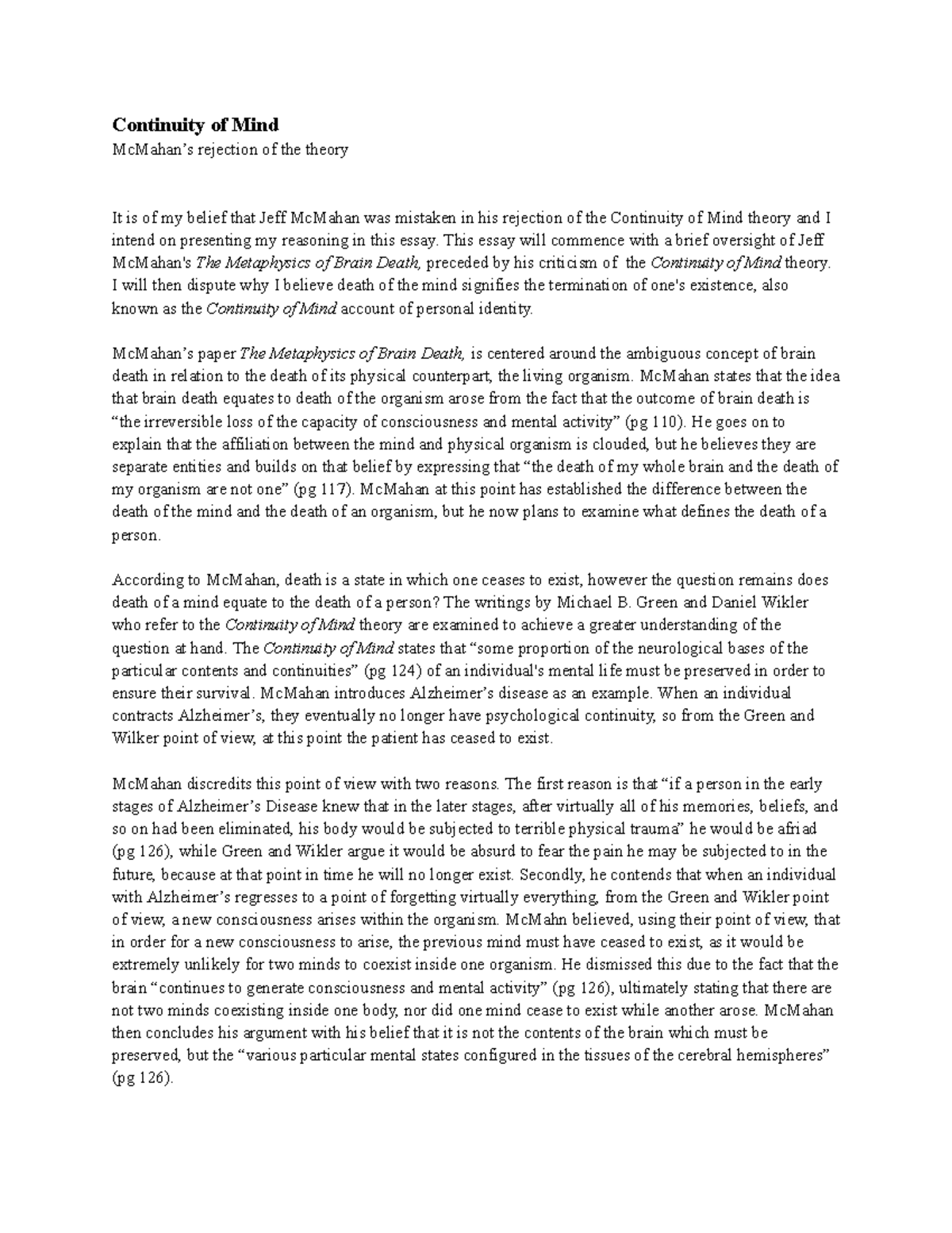 Continuity of mind - Essay #2 for psych 2030 - Continuity of Mind ...