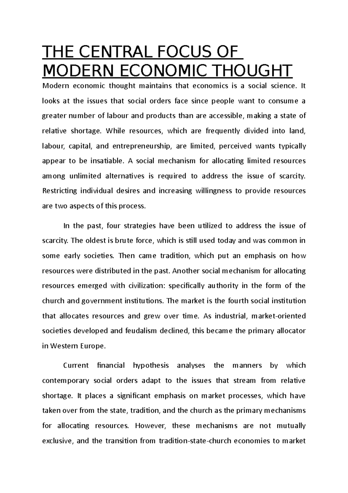 THE Central Focus OF Modern Economic Thought - THE CENTRAL FOCUS OF ...