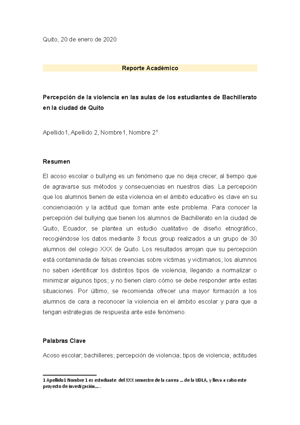 27 Ejemplo Reporte Academico - Quito, 20 de enero de 2020 Reporte ...