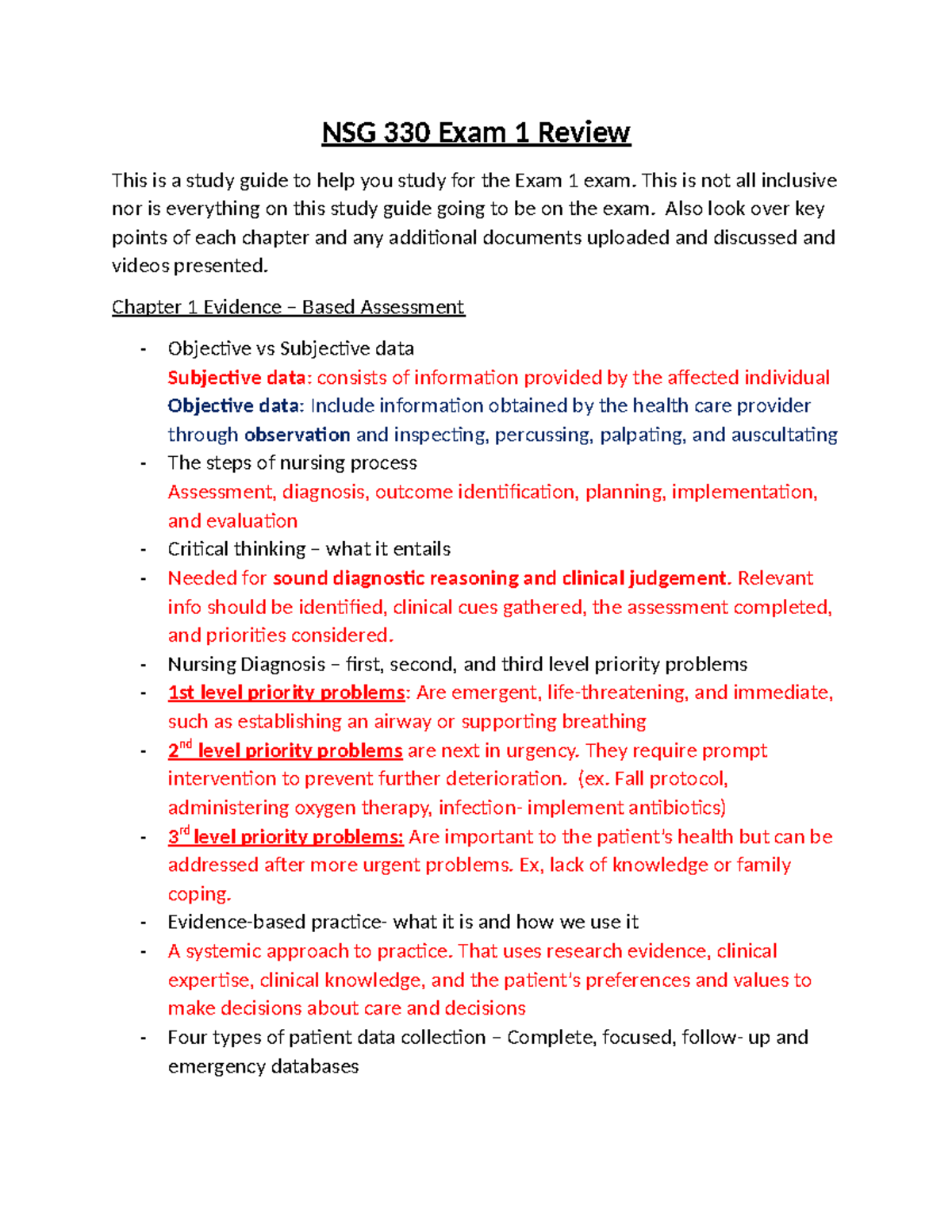 NSG 330 Exam 1 Study Guide - NSG 330 Exam 1 Review This is a study ...