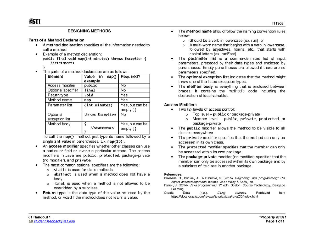 01 Handout 1(8) - lecture - DESIGNING METHODS Parts of a Method Declaration - A method ...