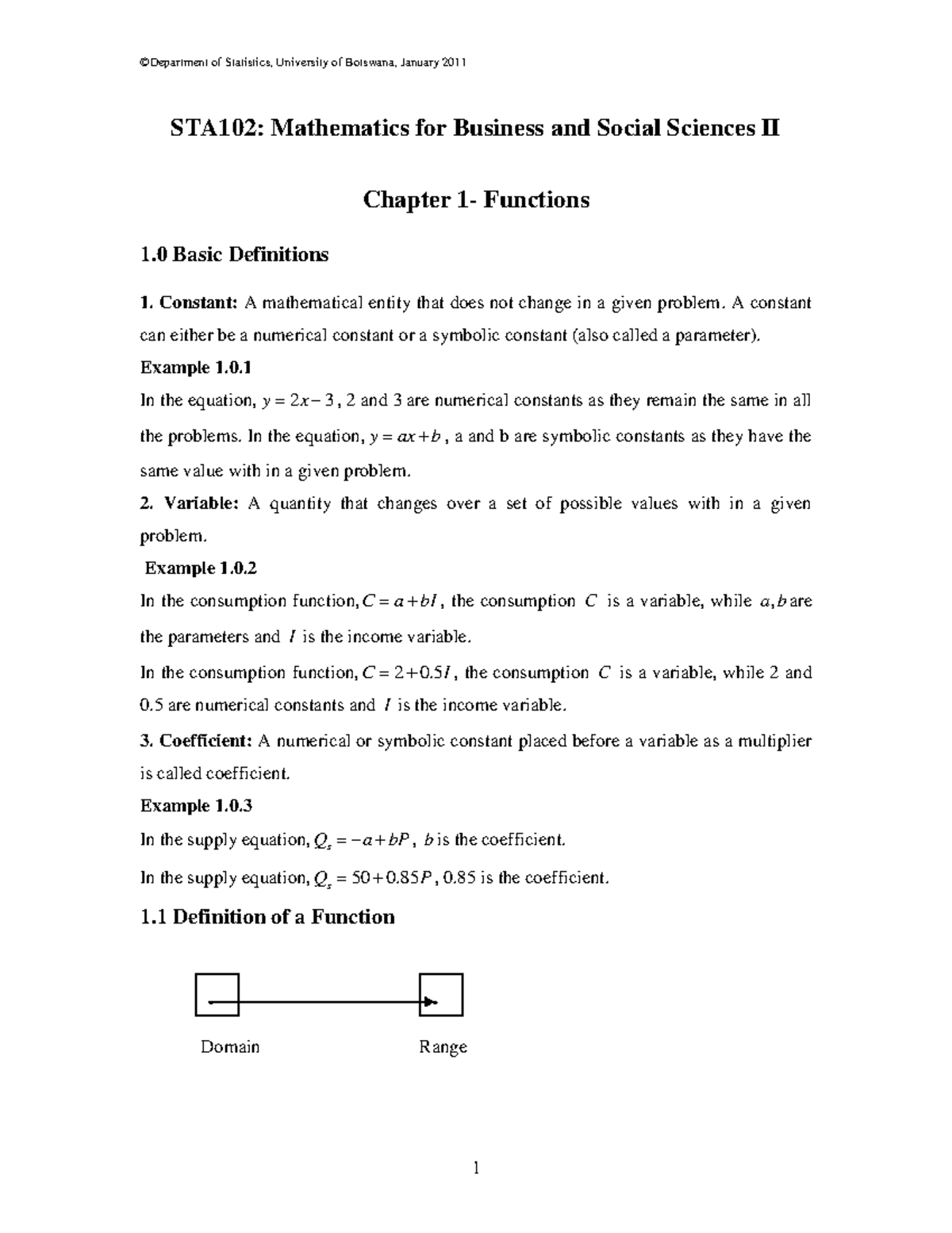 Chapter 1-Functions - STA102: Mathematics for Business and Social ...