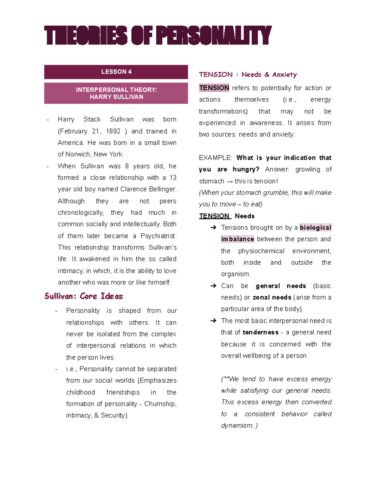 TOP - THEORIES OF PERSONALITY LESSON 4 INTERPERSONAL THEORY: HARRY ...